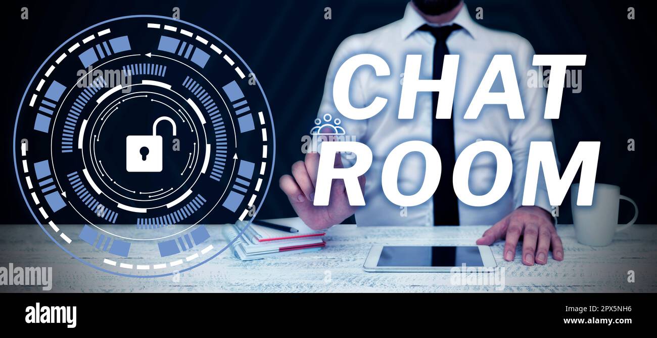 Hand writing sign Chat Room, Word for area on the Internet or computer ...