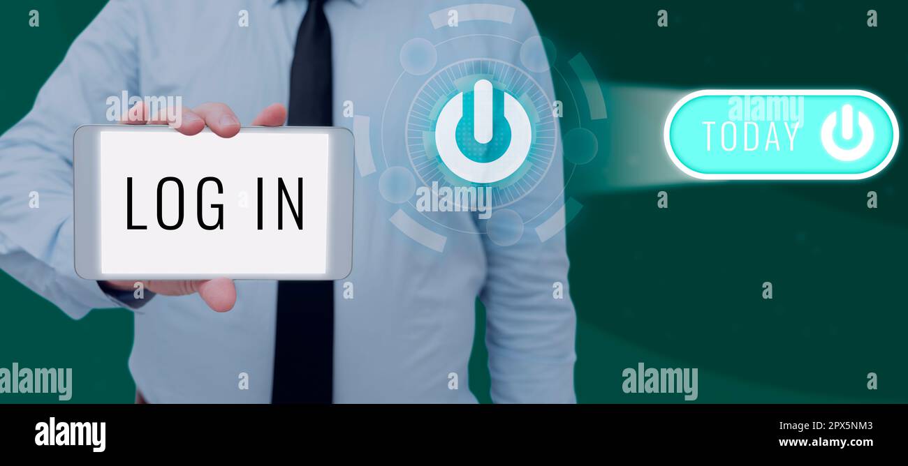 Conceptual caption Log In, Concept meaning go through the procedures to begin use of a computer ...