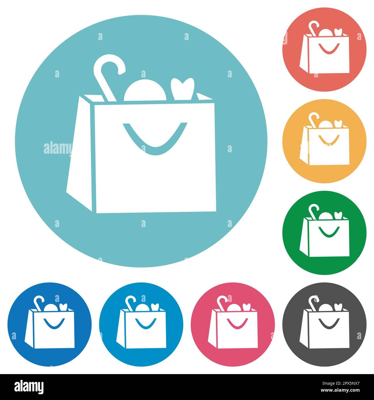 Shopping bag with goods solid flat white icons on round color ...