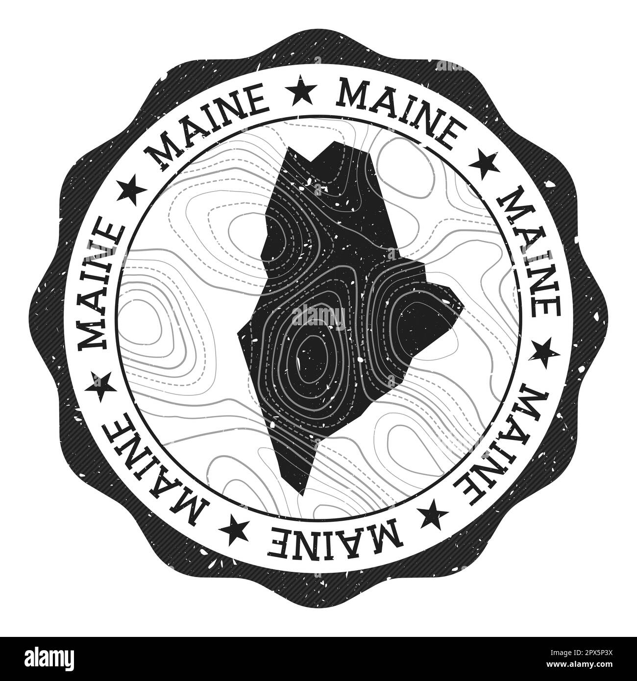 Maine outdoor stamp. Round sticker with map of US state with ...