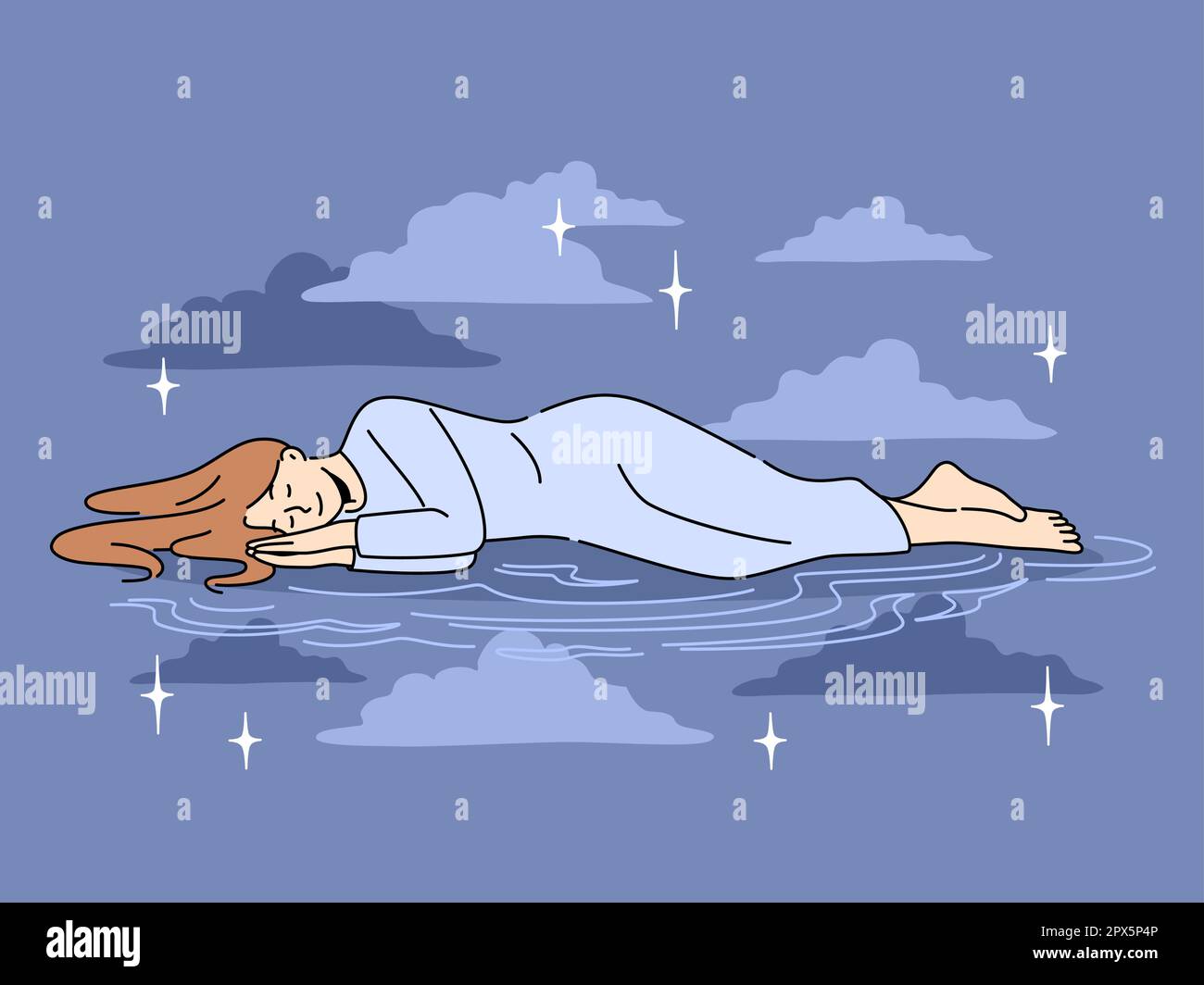 Calm woman lying sleeping in space among stars. Relaxed girl enjoying ...
