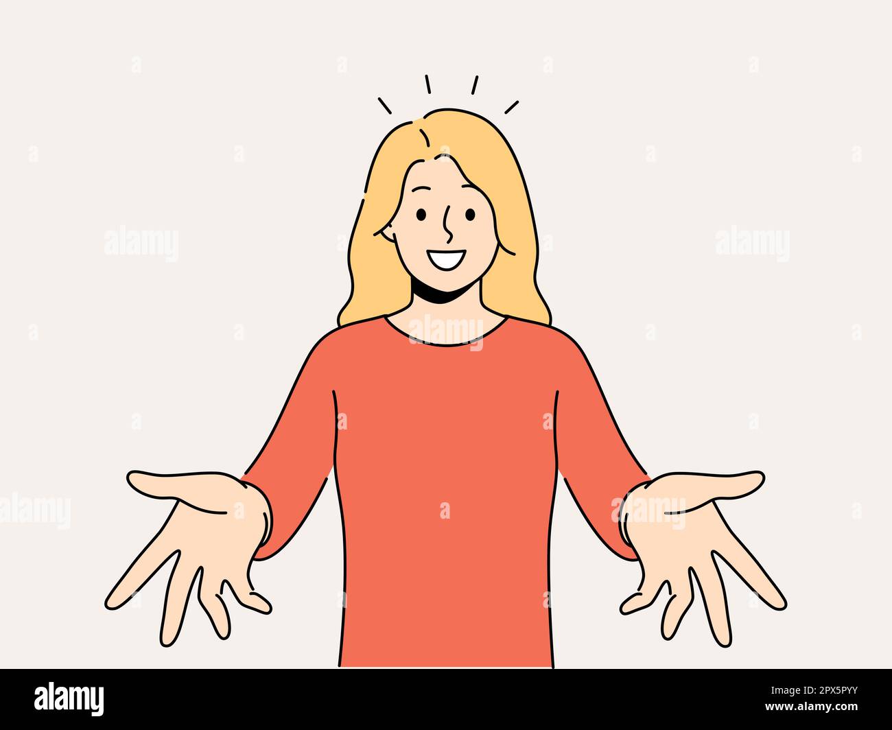 Smiling woman with arms open feel positive and optimistic meeting ...