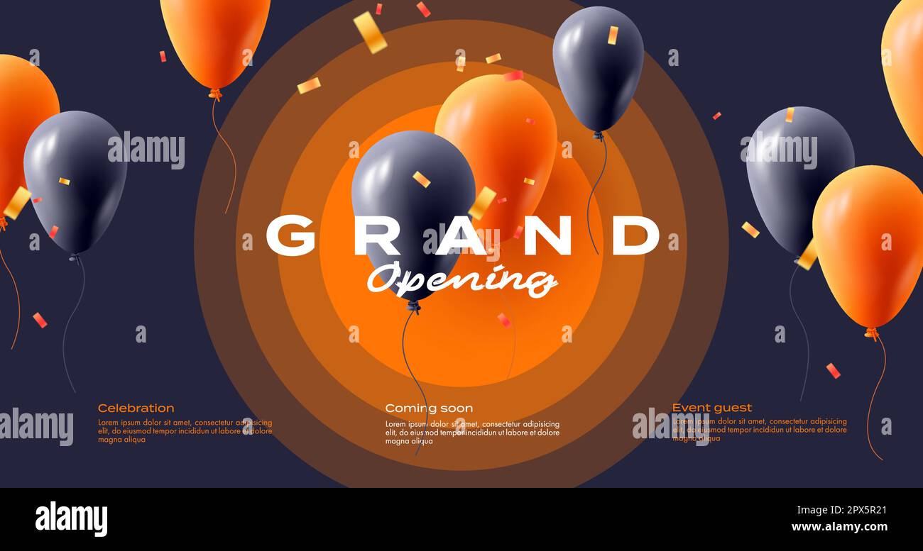 Grand Opening banner with orange and black air balloons and confetti ...