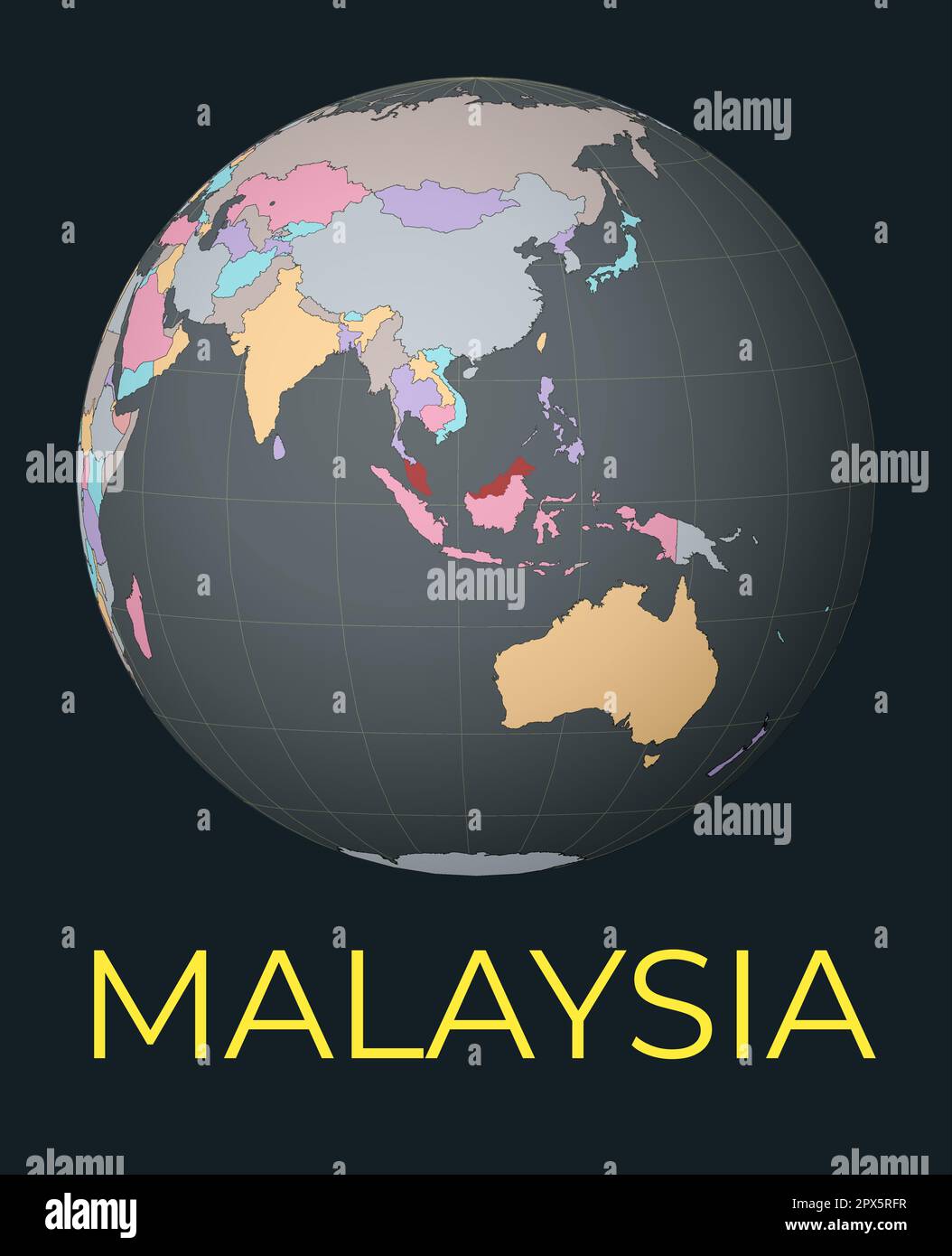 World map centered on Malaysia. Red country highlighted. Satellite ...