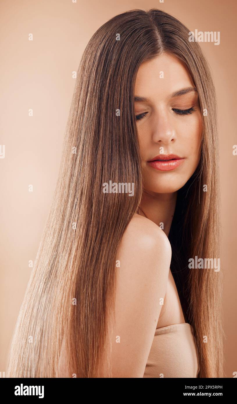 Hair care, beauty and woman on studio background for cosmetics, makeup ...