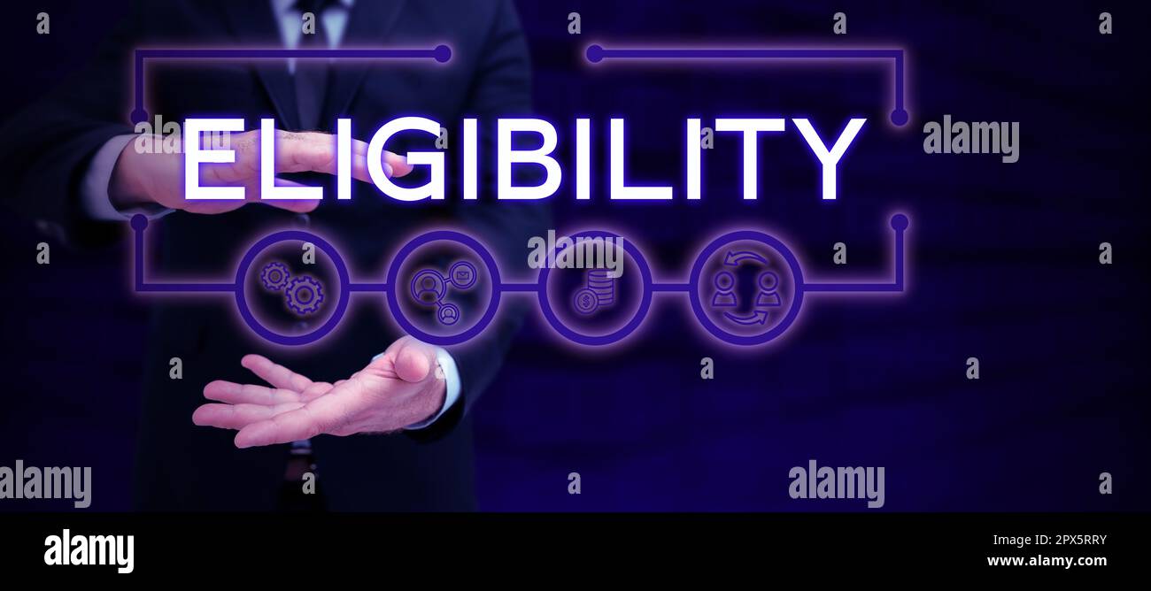 Hand writing sign Eligibility, Business showcase State of having the ...