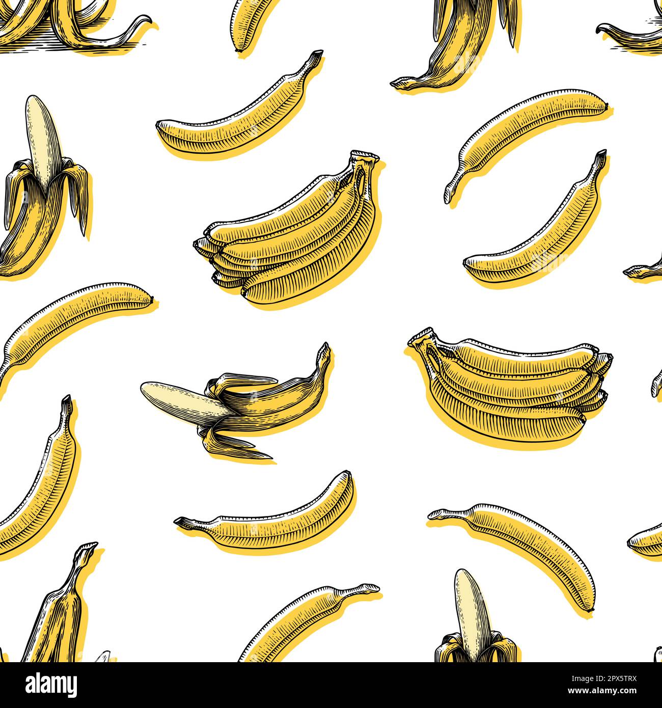 Banana fruit seamless pattern. Hand drawn with ink in vintage style ...