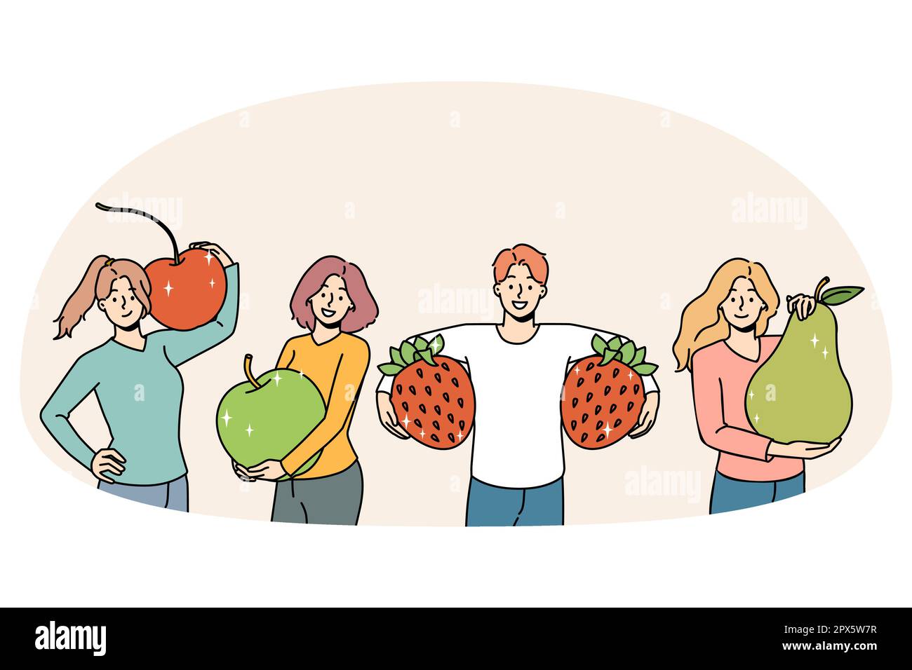 Set of smiling young people holding huge fruit follow healthy lifestyle ...