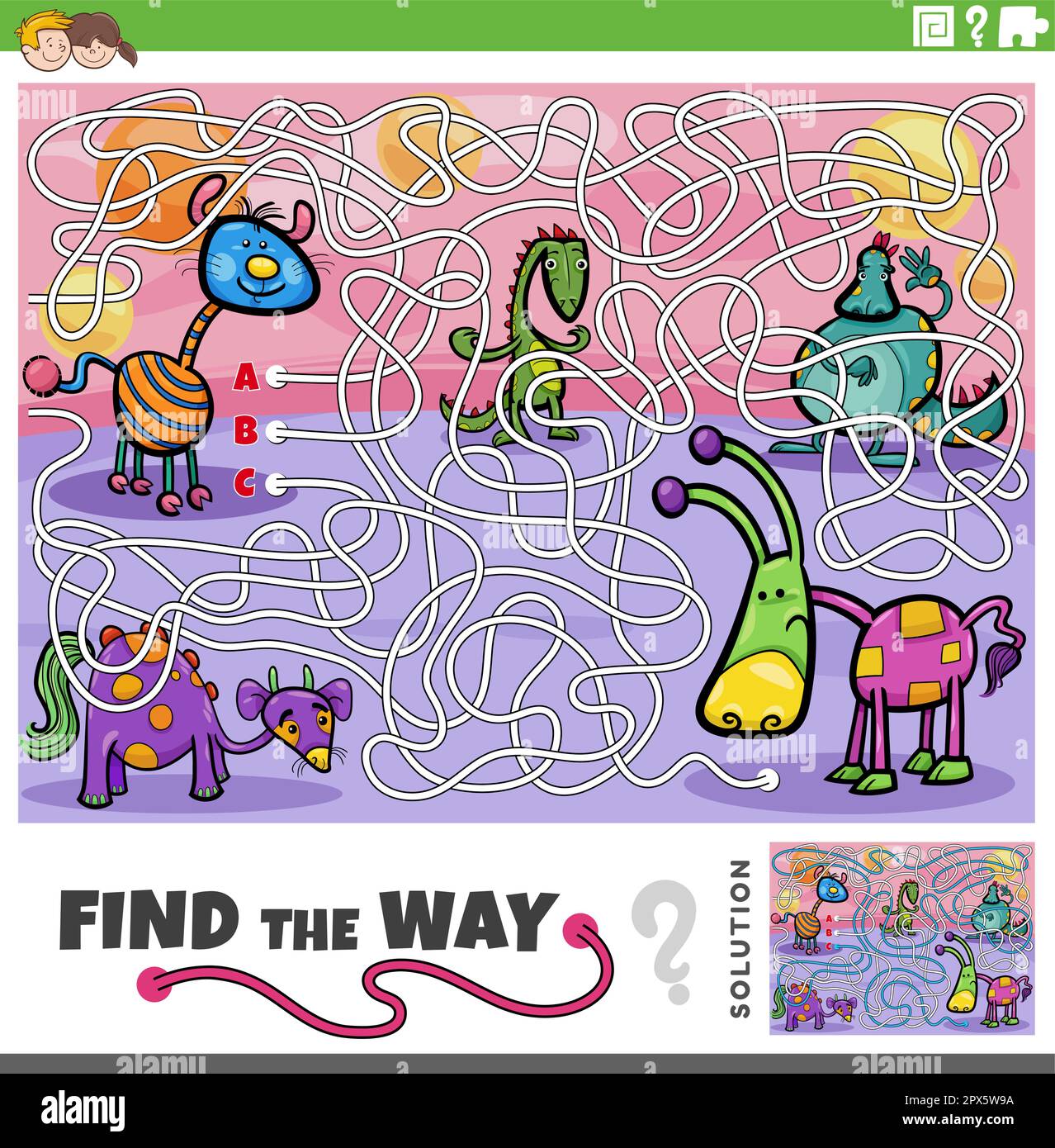 Cartoon illustration of find the way maze puzzle game with funny ...