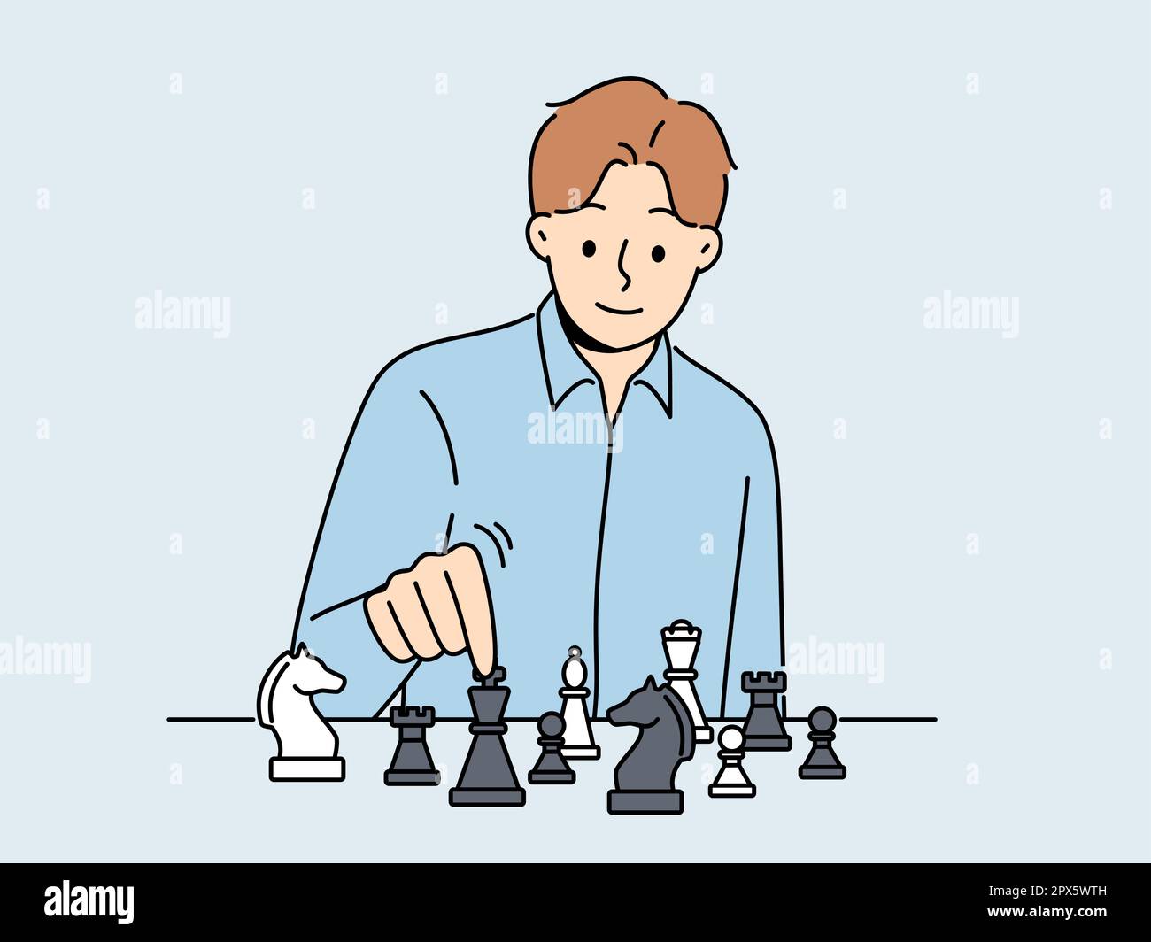 Smiling man sit at table play chess. Happy businessman enjoy game on ...