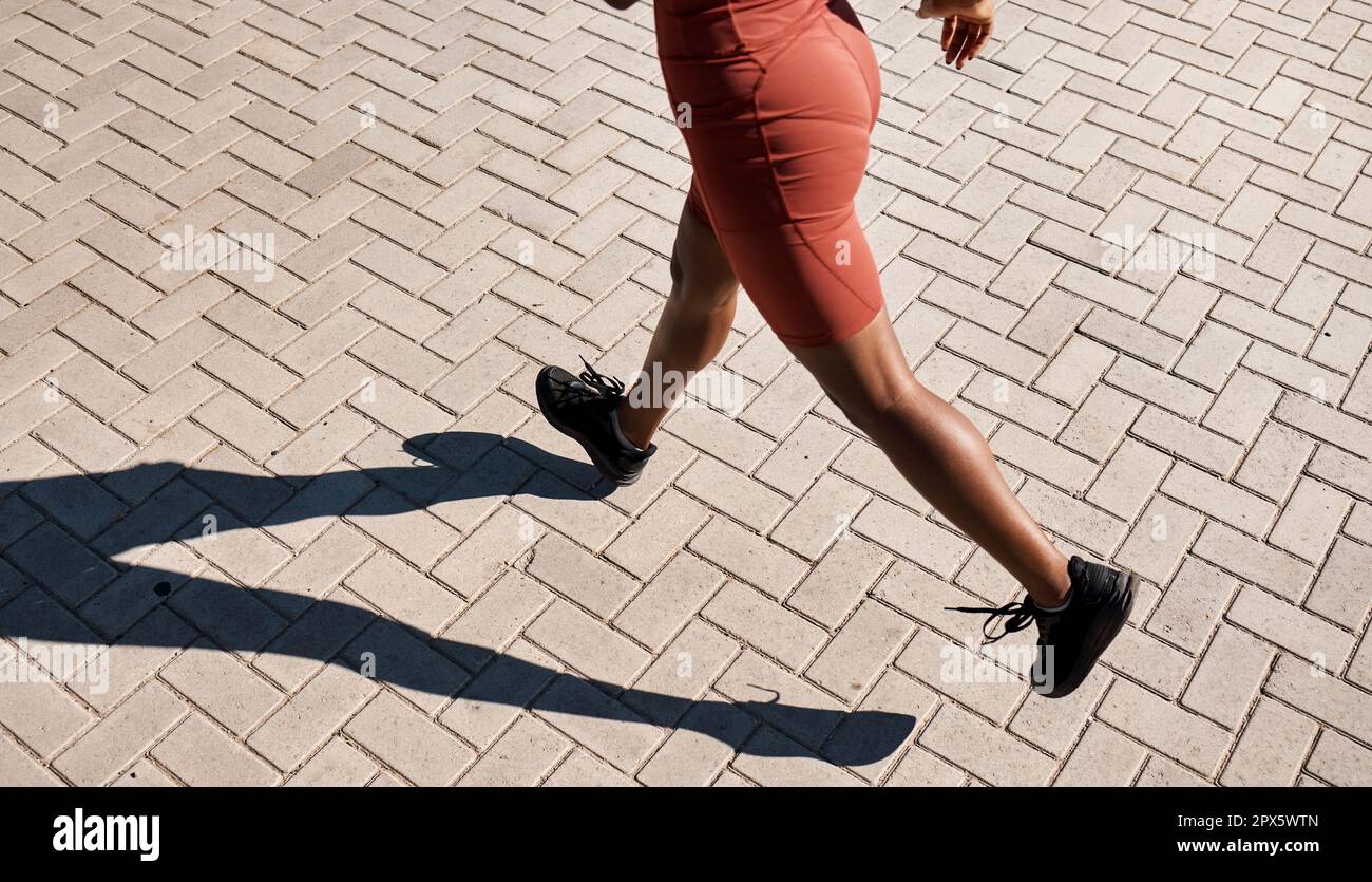 Fitness, feet and black woman running workout lifestyle for wellness ...