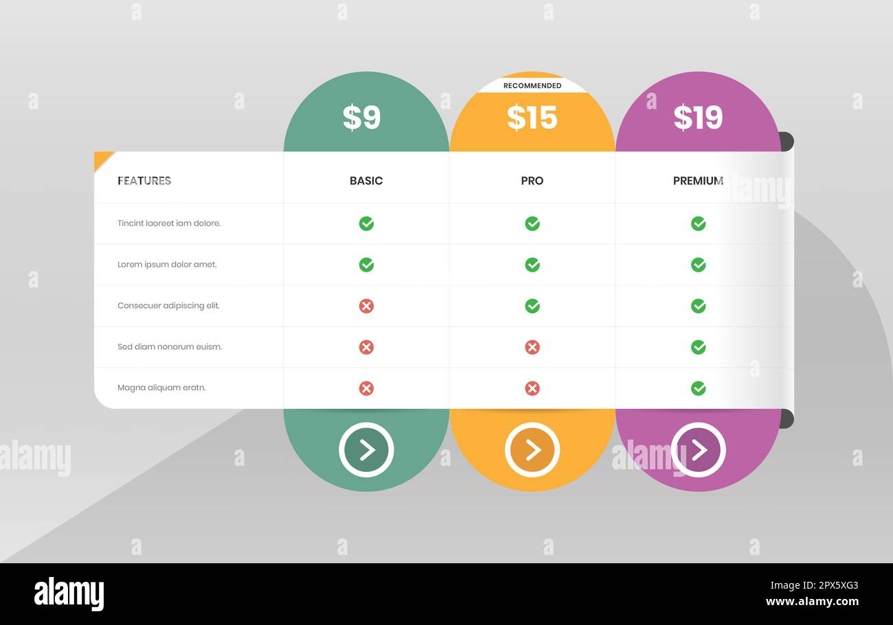 Modern pricing comparison table with check mark and abstract shape for web interface Stock ...