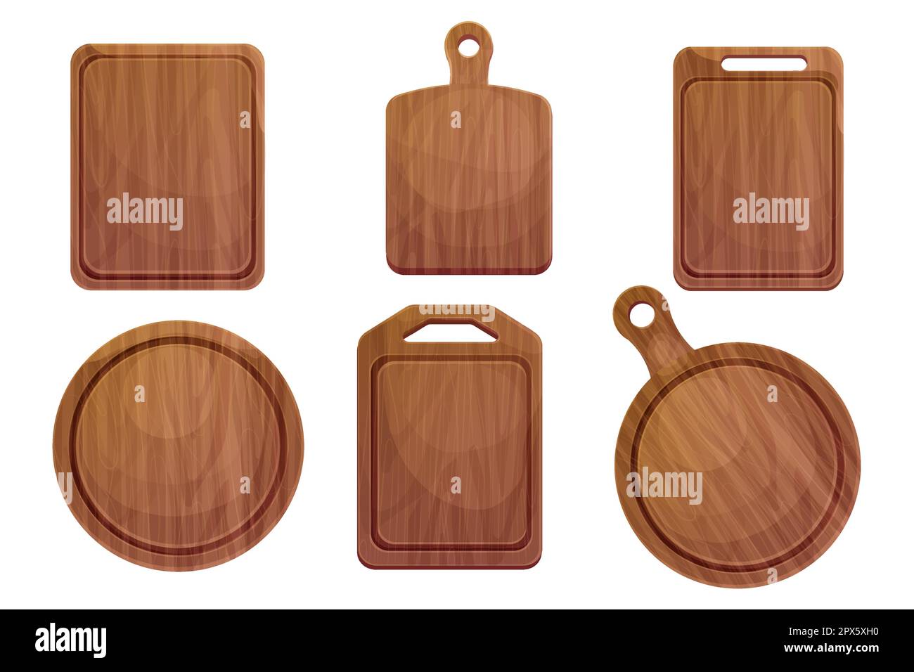 Set Cutting board wooden chopping desk top view in cartoon style isolated on white background ...