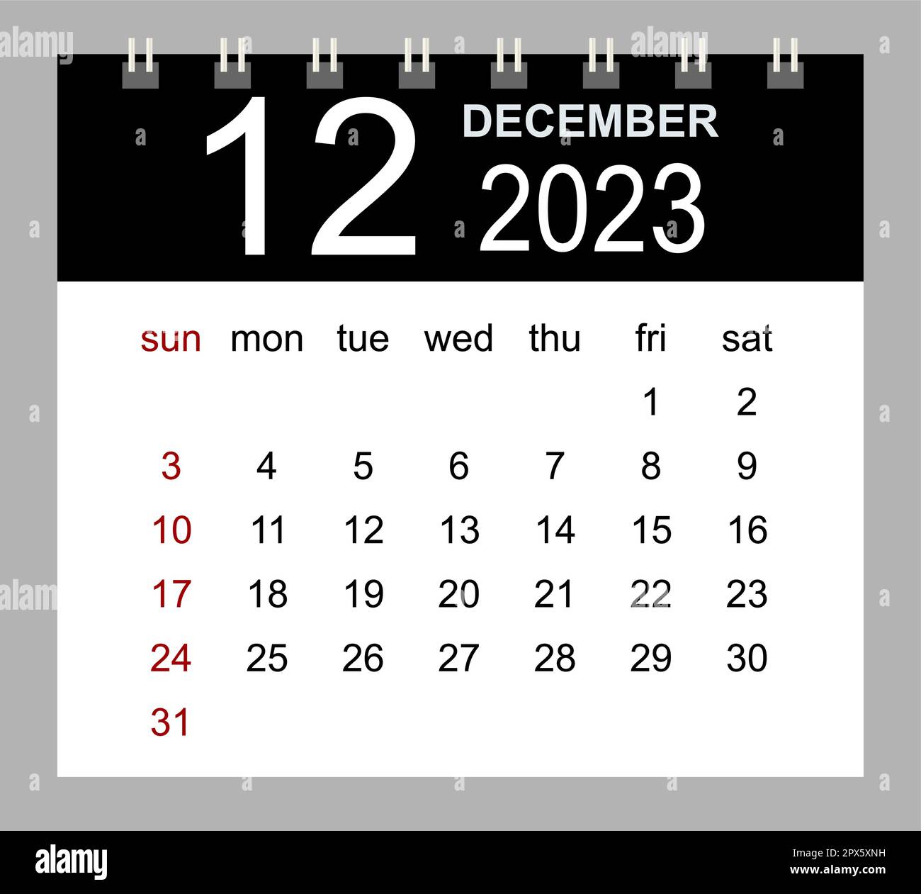December 2023. Vector monthly calendar template 2023 year in simple ...