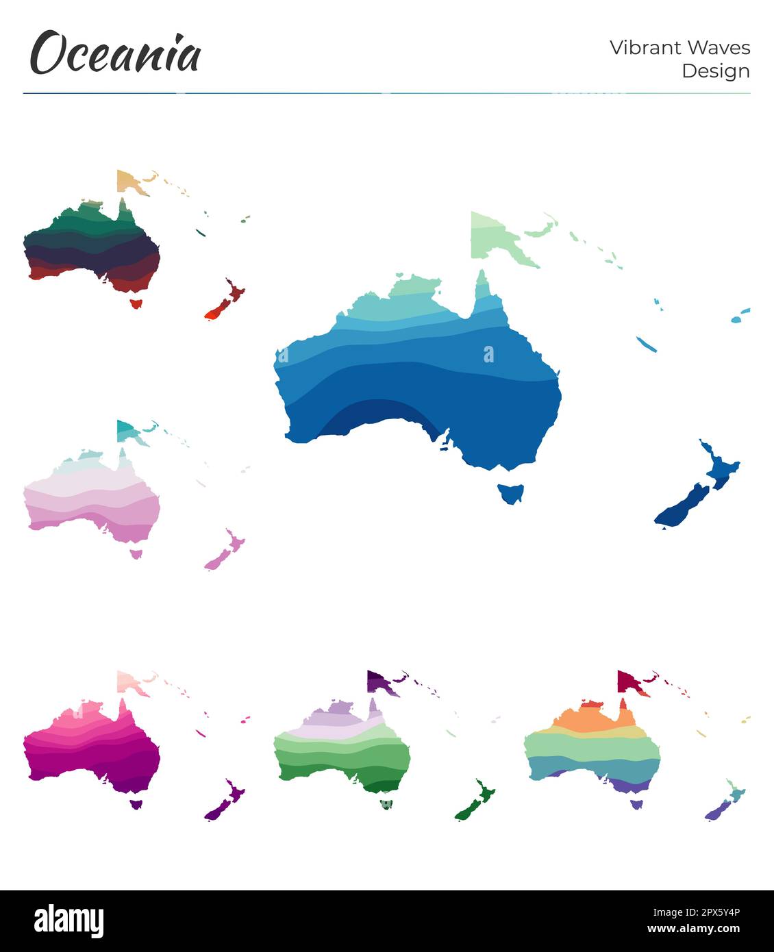 Set of vector maps of Oceania. Vibrant waves design. Bright map of continent in geometric smooth ...