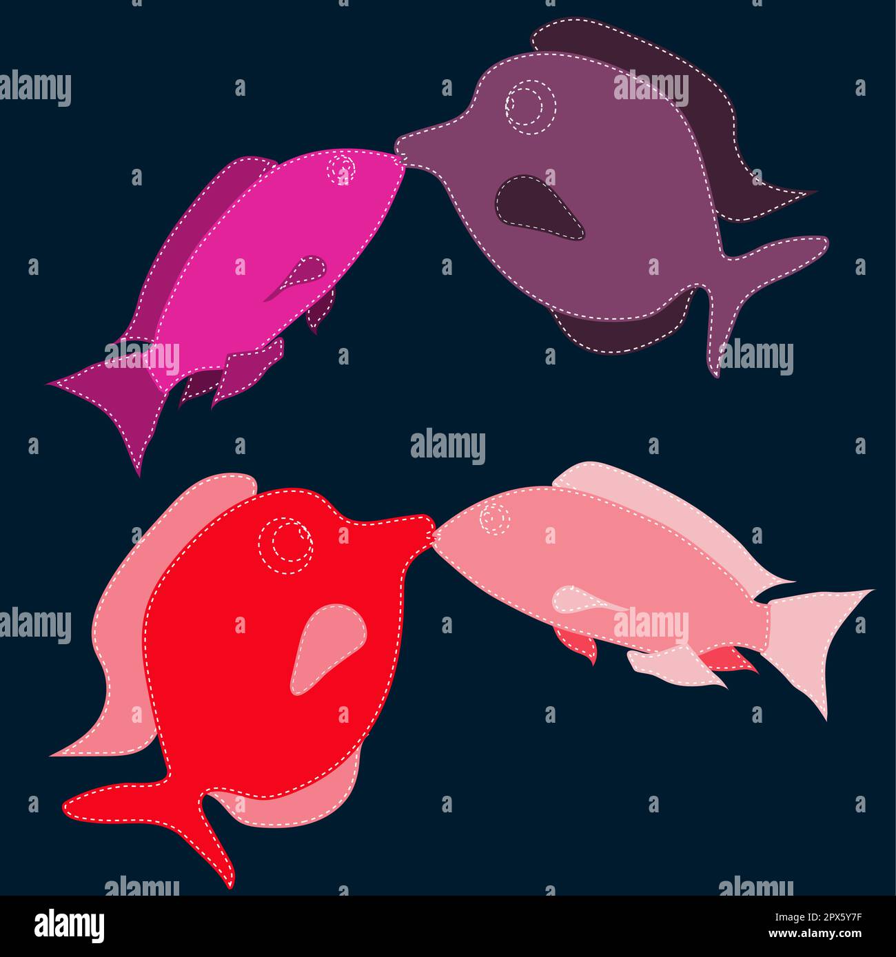 Two pairs of lovers, cute, beautiful, red, pink, purple fish stitched ...