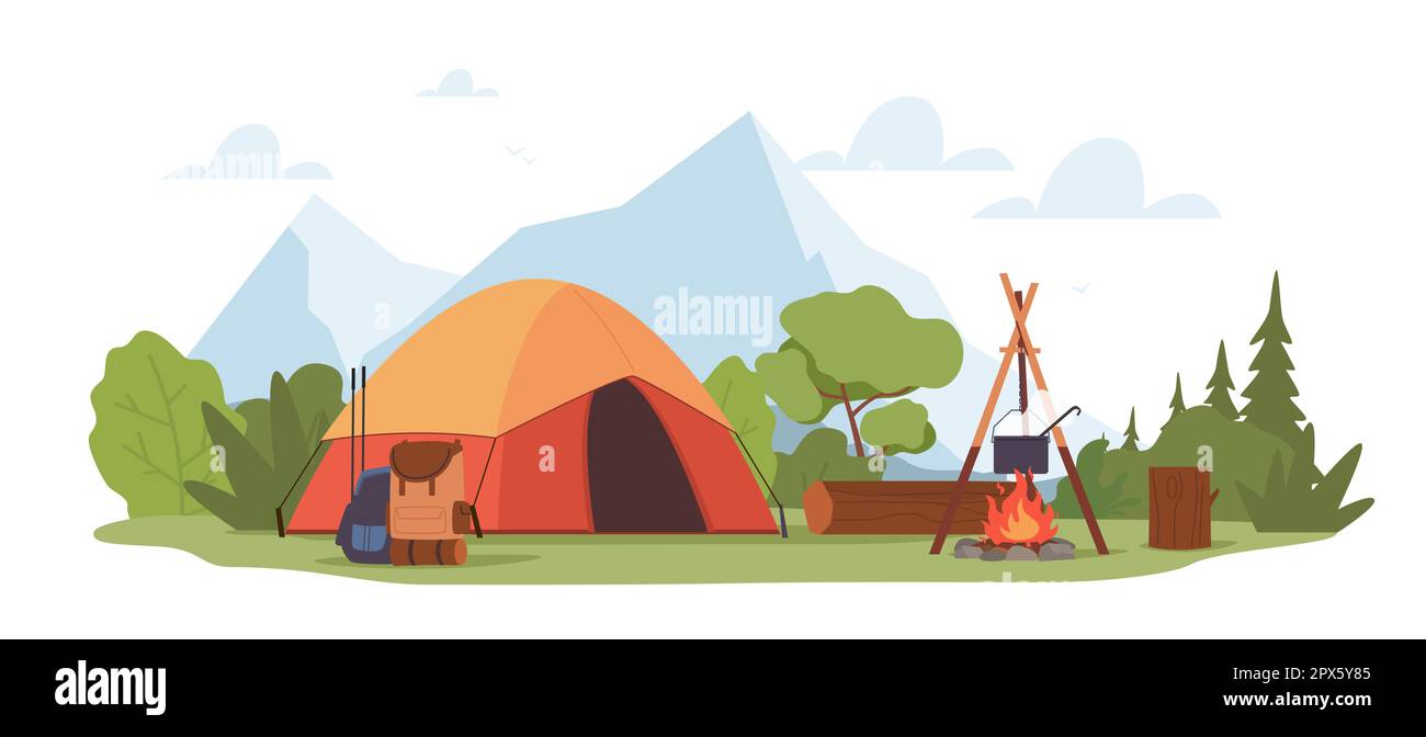 Forest summer camp with campfire, tent and backpack on mountain ...