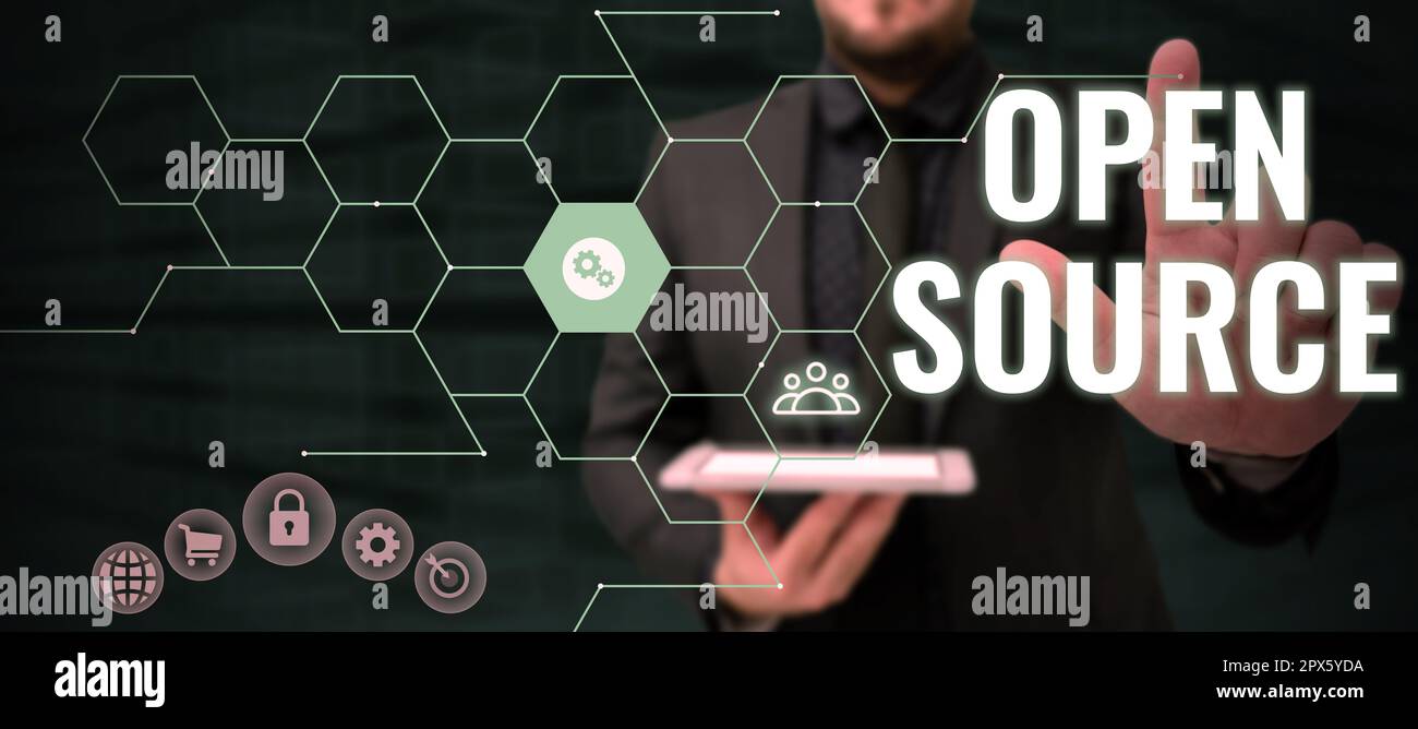 Hand writing sign Open Source, Word Written on denoting software which ...