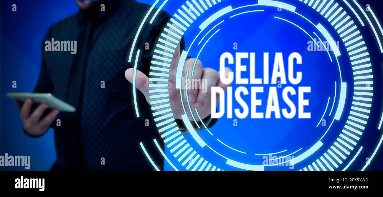 Hand writing sign Celiac Disease, Internet Concept Small intestine is ...