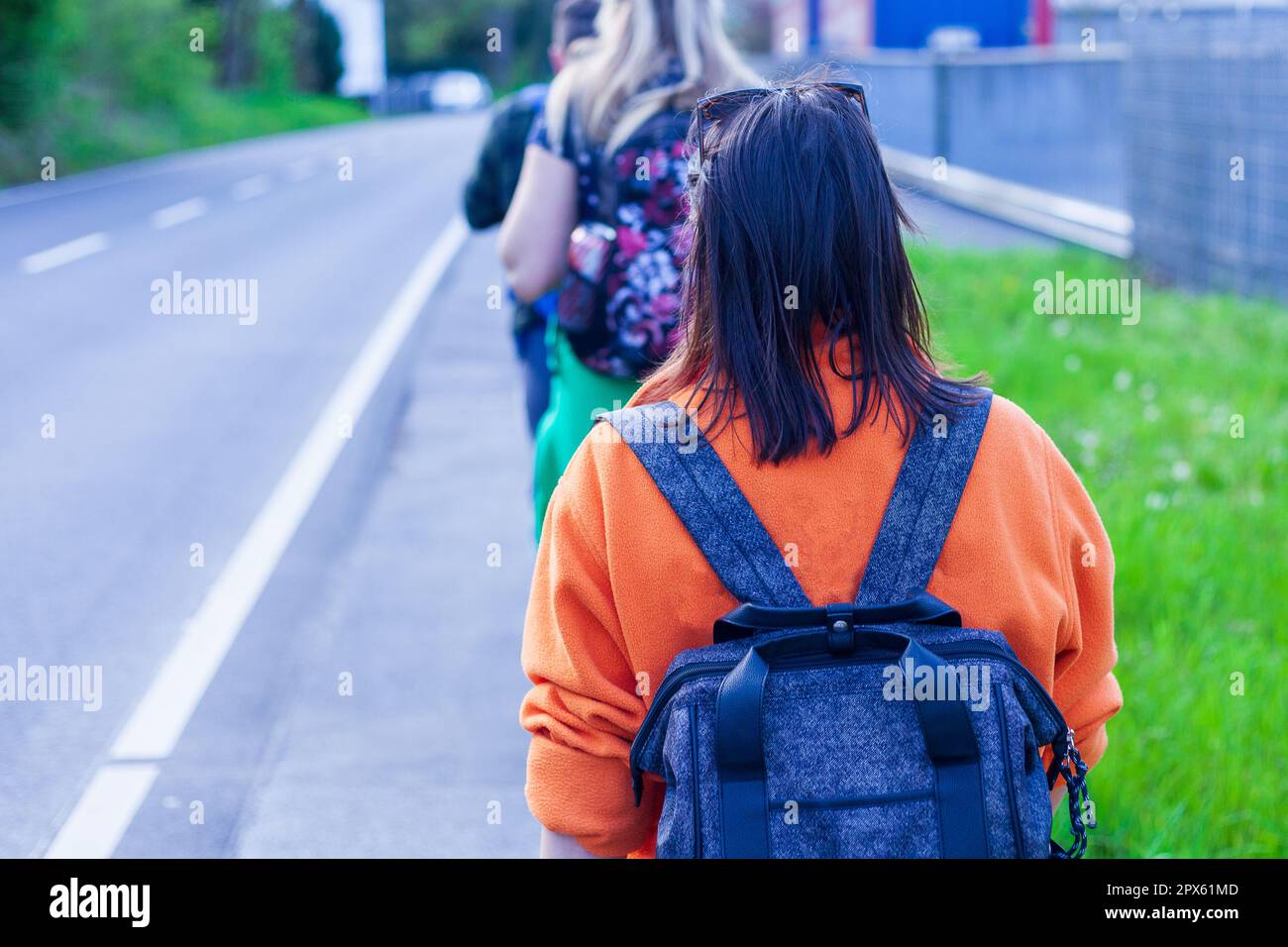 The back view of two girls with backpacks on the background of a road ...