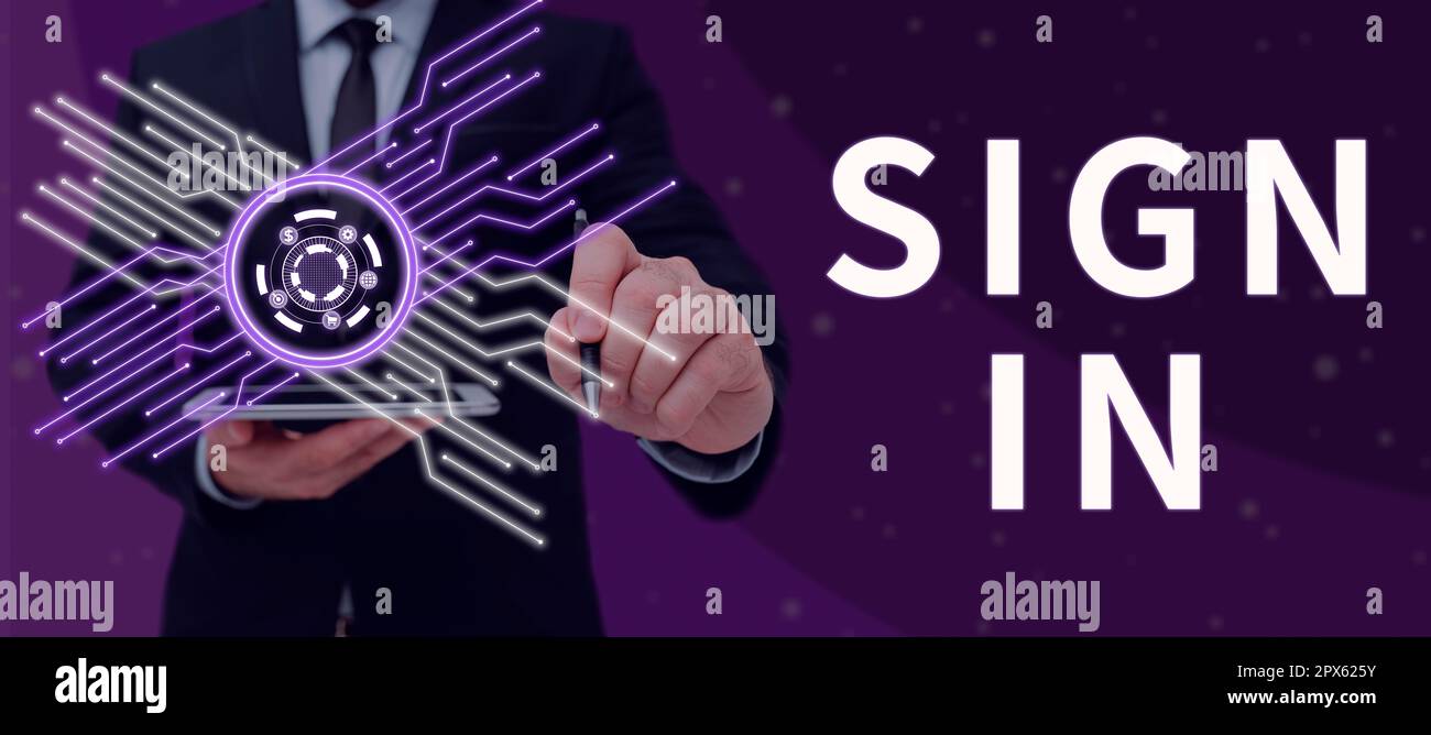 Conceptual caption Sign In, Word Written on to write your name on a ...