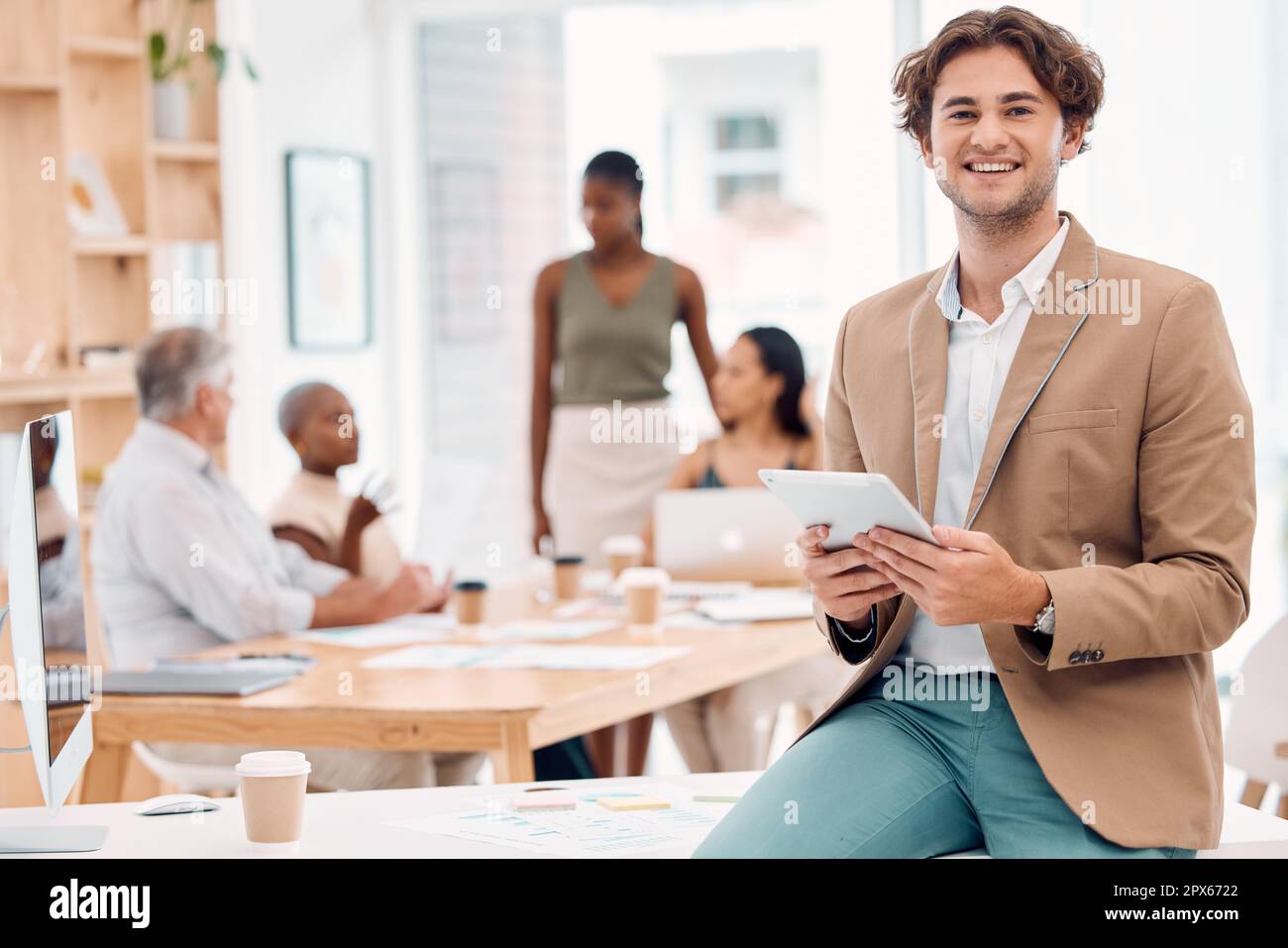 Businessman, tablet and leader portrait in web design meeting for ...