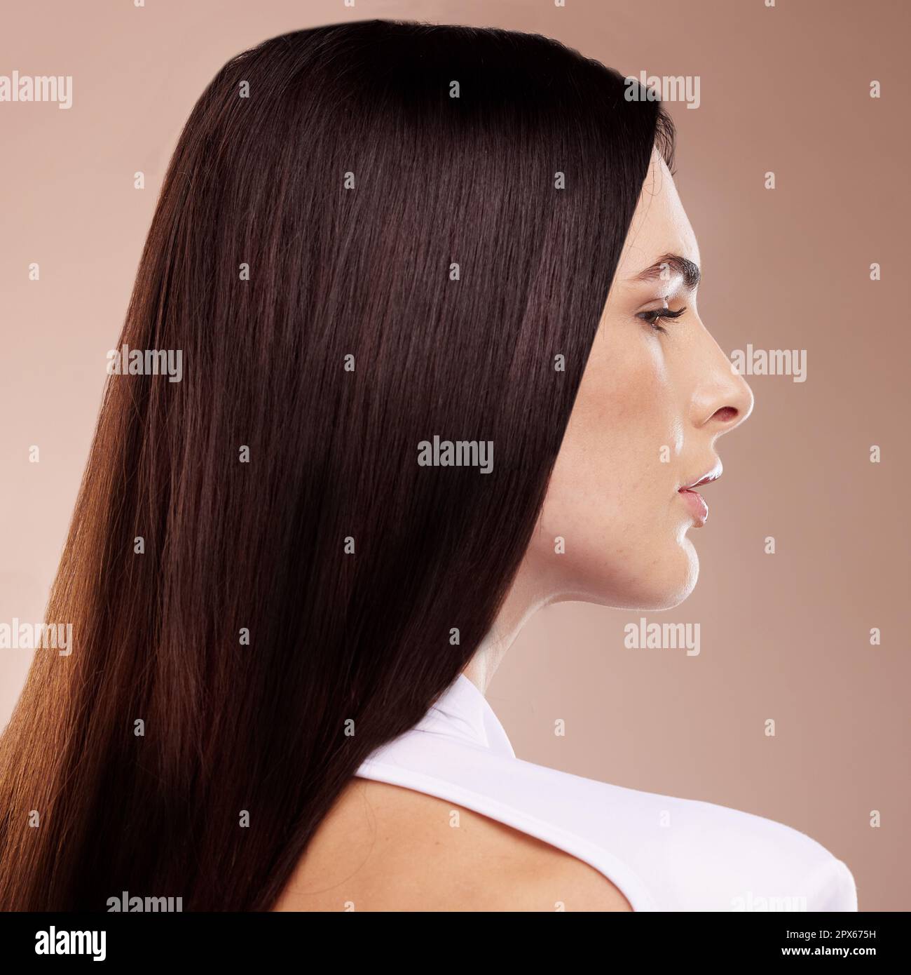 Face profile, beauty and hair care of woman in studio isolated on a ...