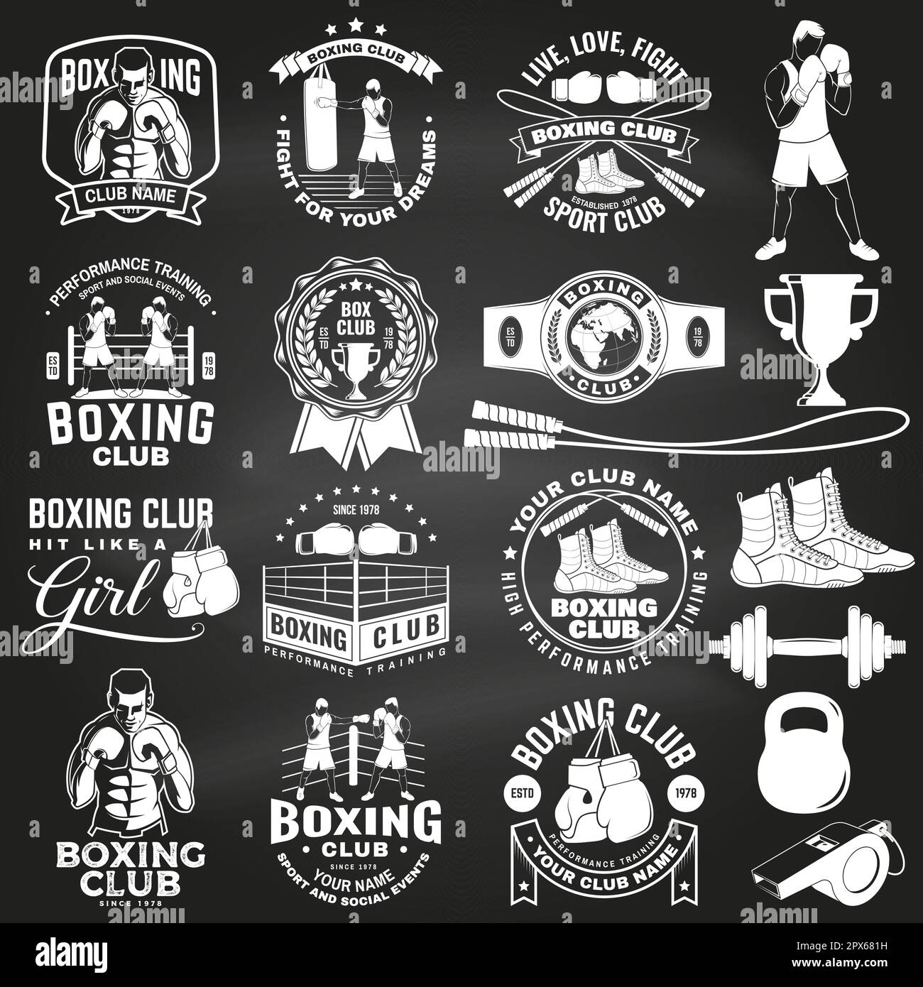 Set of Boxing club badge, logo design on chalkboard. Vector ...