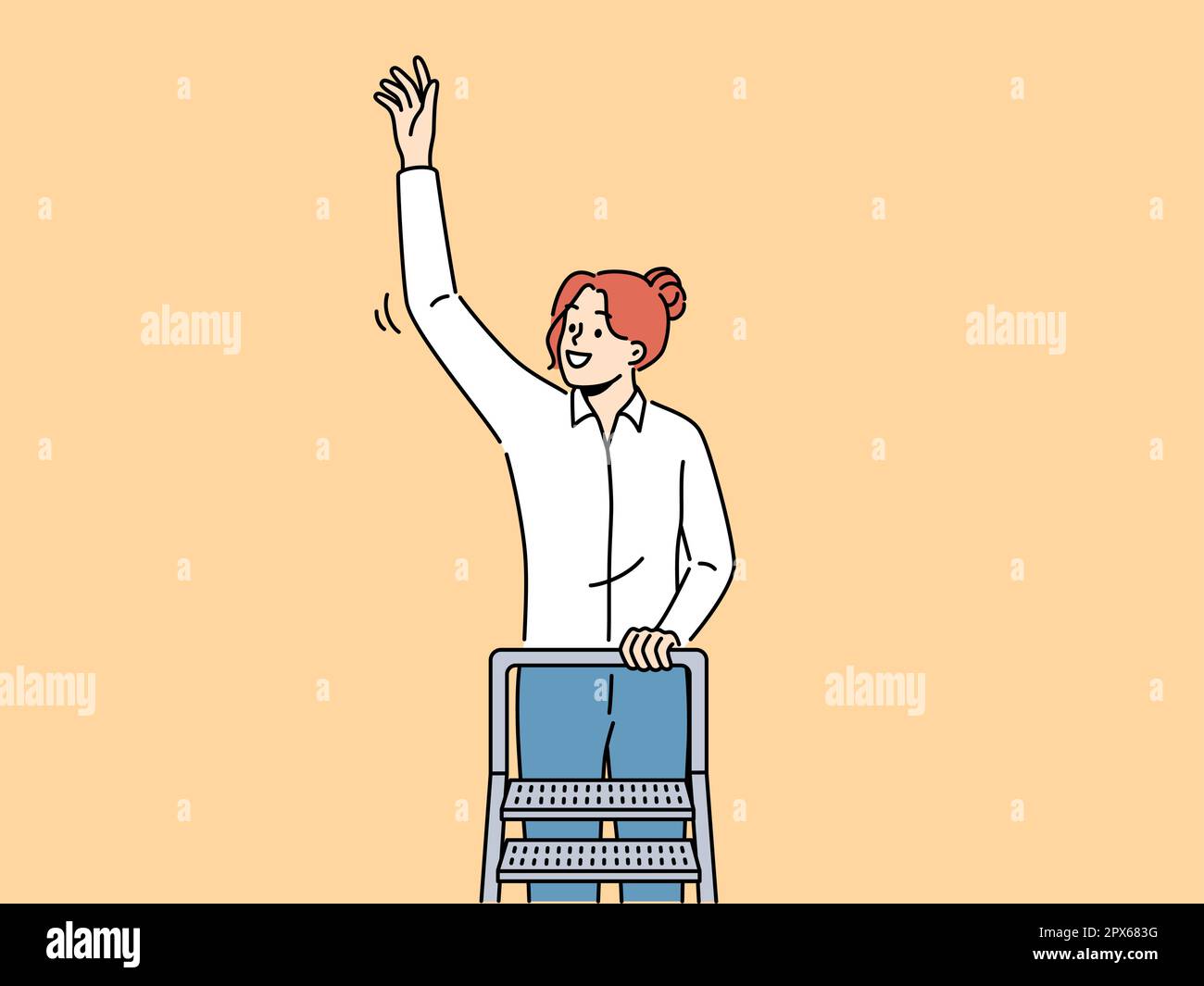 Smiling woman standing on ladder touching air with hand. Happy female ... Smiling woman standing on ladder touching air with hand. Happy female ...