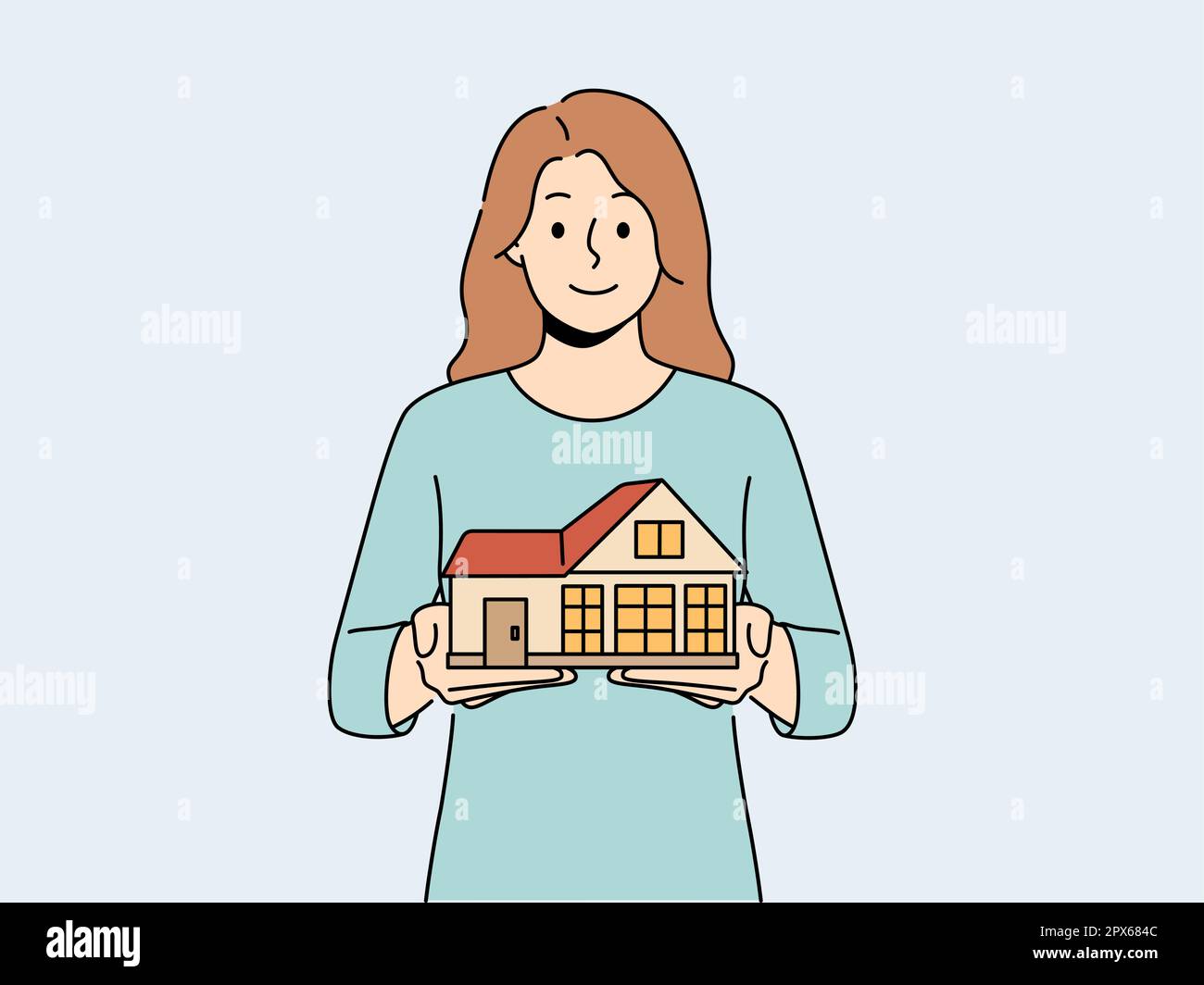 Smiling woman holding house model in hands. Happy female real estate ...