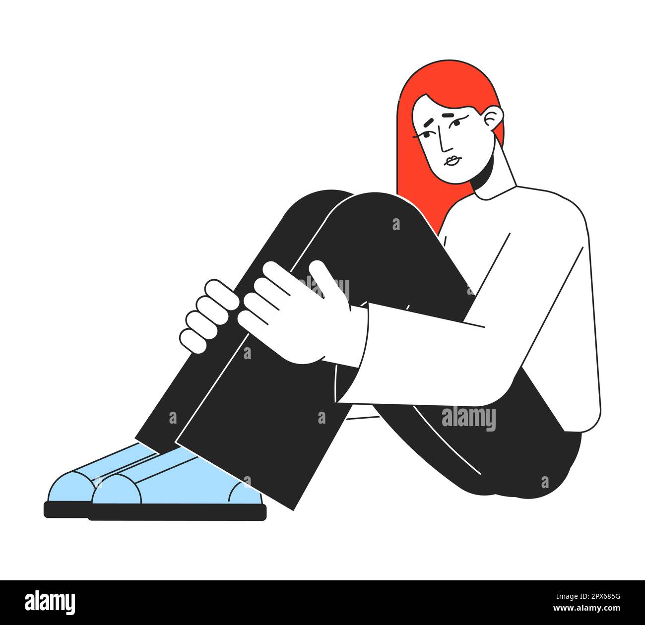 Upset girl hugs knees to chest flat line color vector character Stock ...
