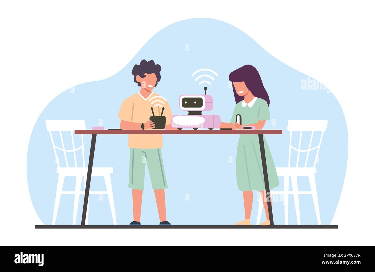 Kids boy and girl made robot, happy children works. Programming android in radio club. Clever ...