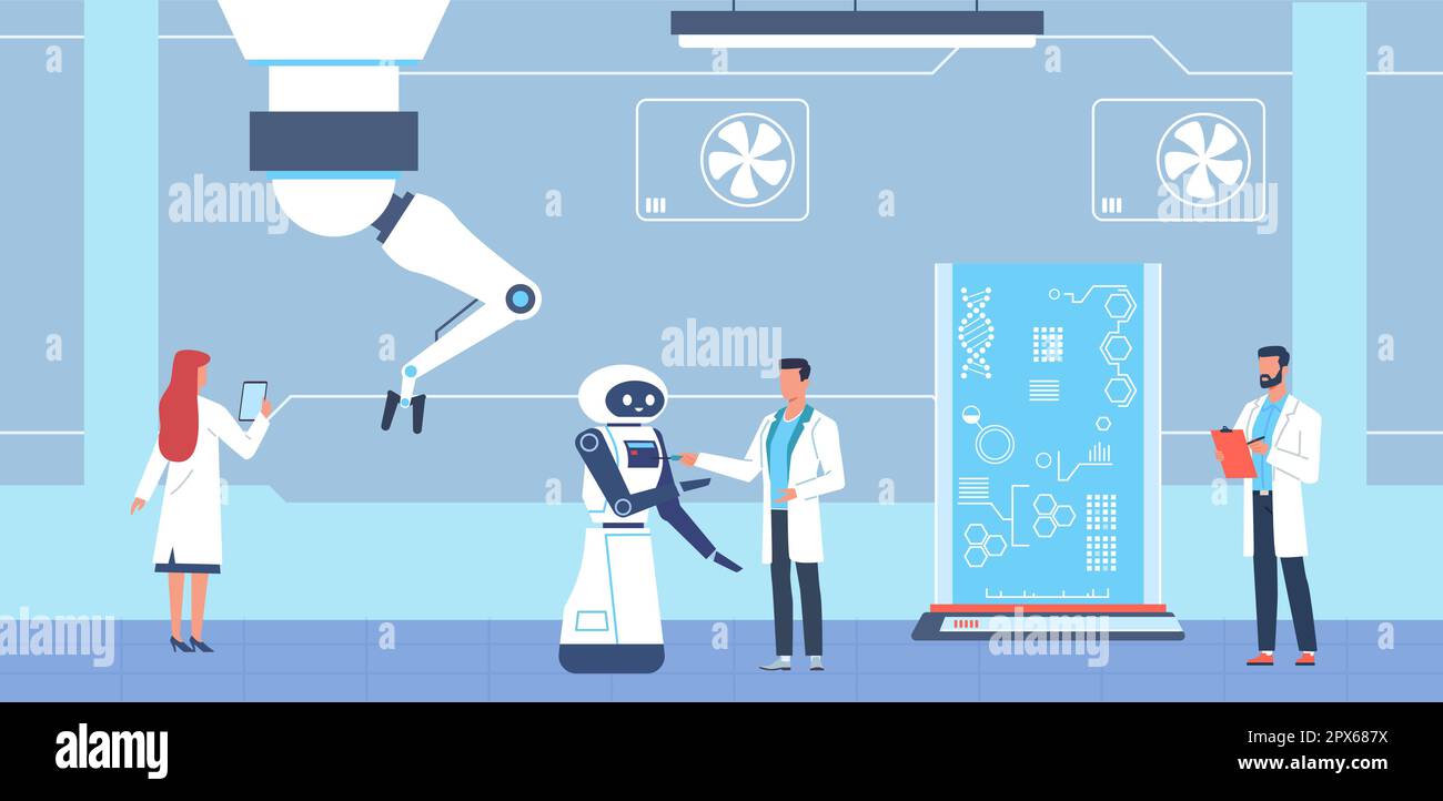 Research center for artificial intelligence and robots. Future technology. Tech progress, people ...