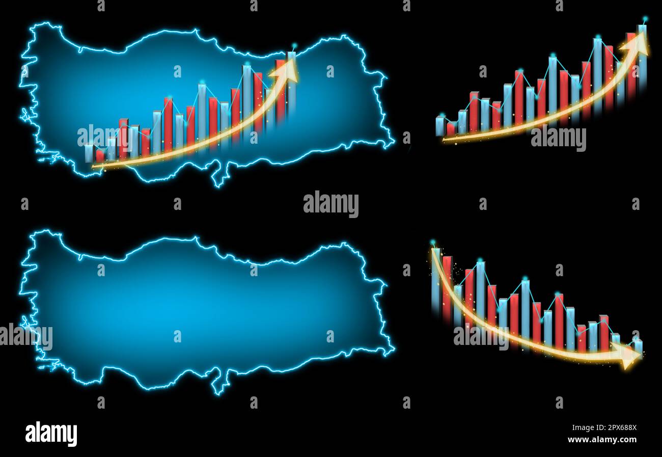 Turkey map blue glow with chart inflation increase and down. Stock ...