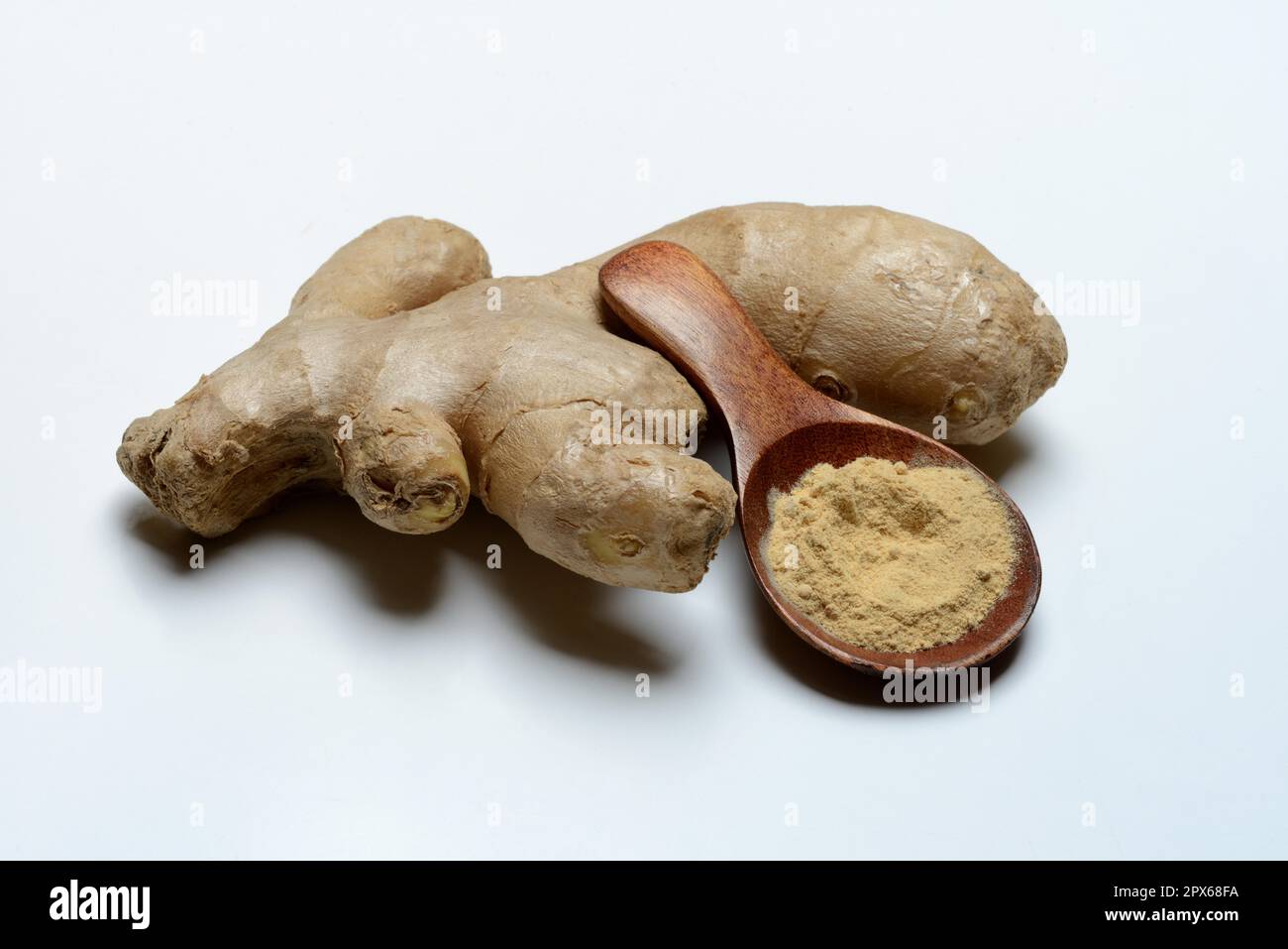 Ginger (Zingiber officinale), ginger bulb and ginger powder in ...