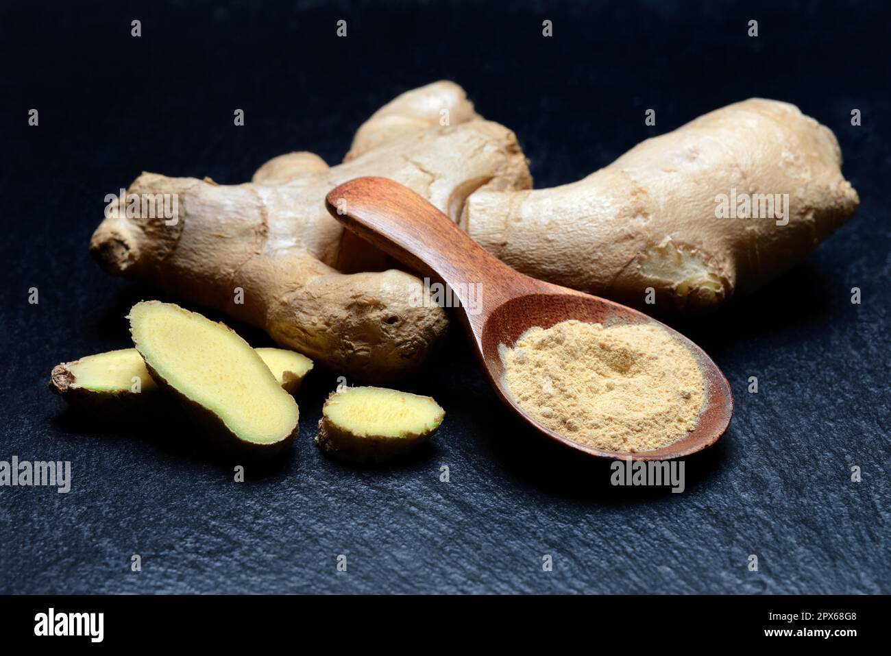 Ginger (Zingiber officinale), ginger bulb and ginger powder in ...