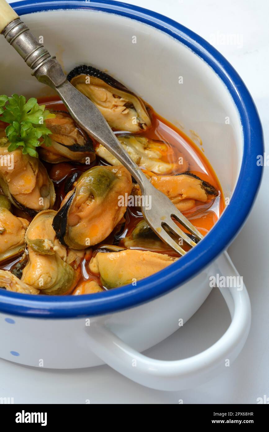 Blue mussel (Mytilus galloprovincialis) with marinade, Spain Stock ...