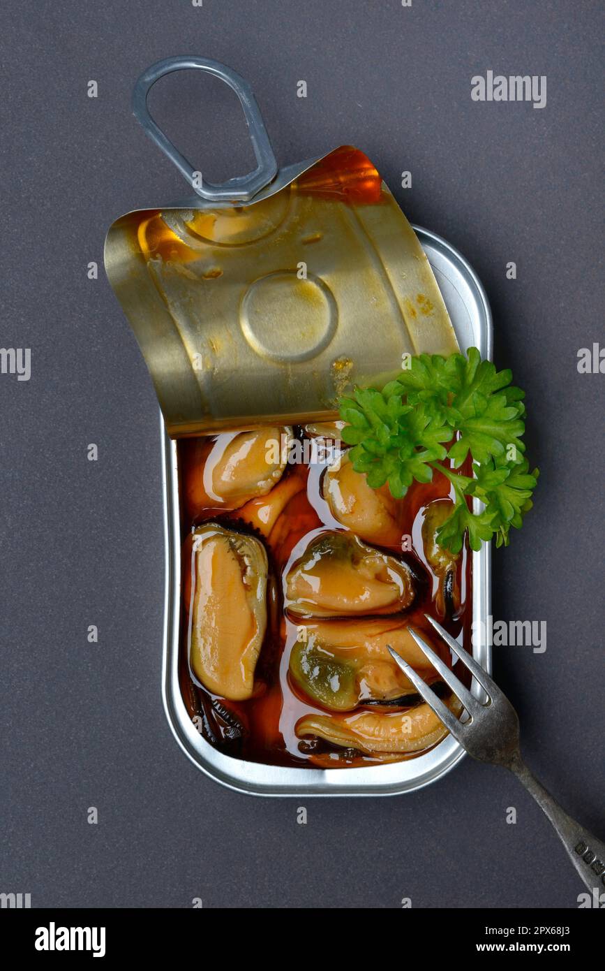 Mussels (Mytilus galloprovincialis) with marinade in tin can, Spain ...