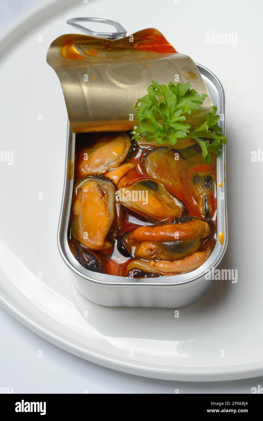 Mussels (Mytilus galloprovincialis) with marinade in tin can, Spain ...