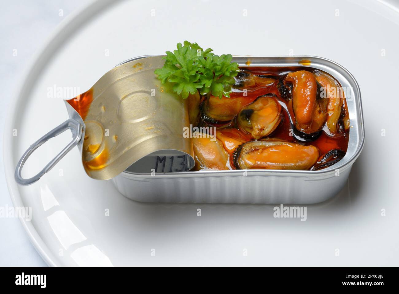 Mussels (Mytilus galloprovincialis) with marinade in tin can, Spain ...