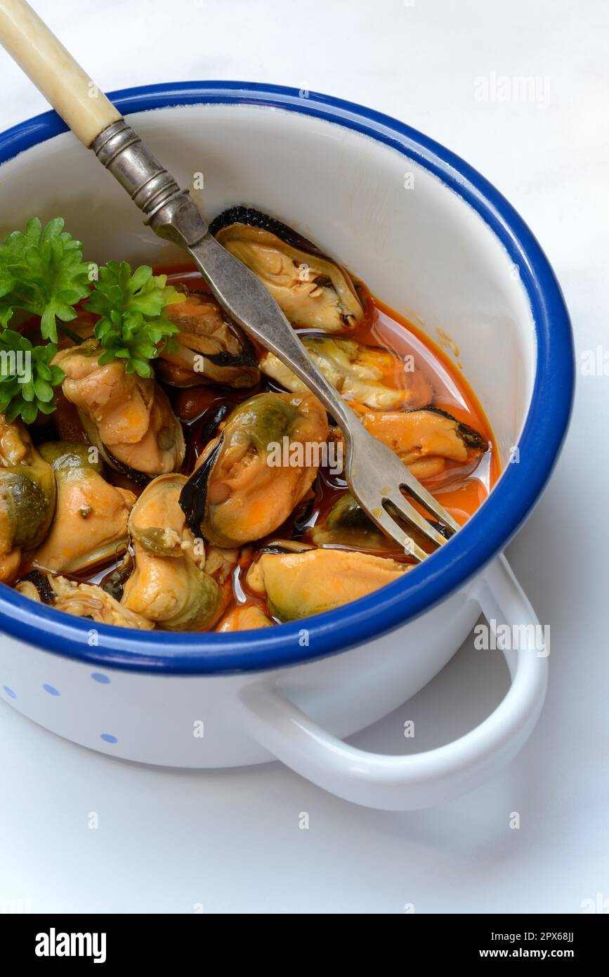 Blue mussel (Mytilus galloprovincialis) with marinade, Spain Stock ...
