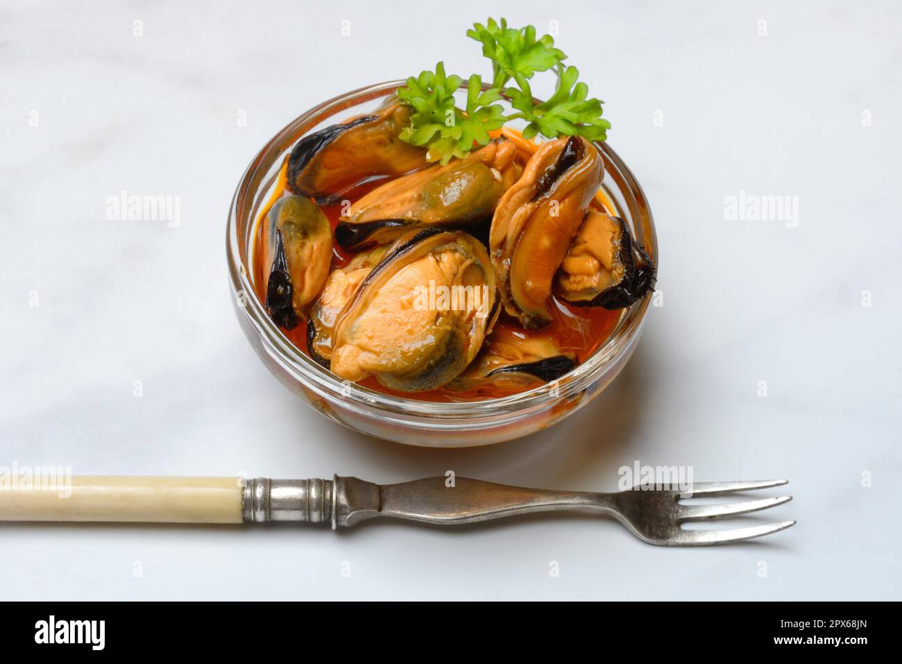 Blue mussel (Mytilus galloprovincialis) with marinade, Spain Stock ...