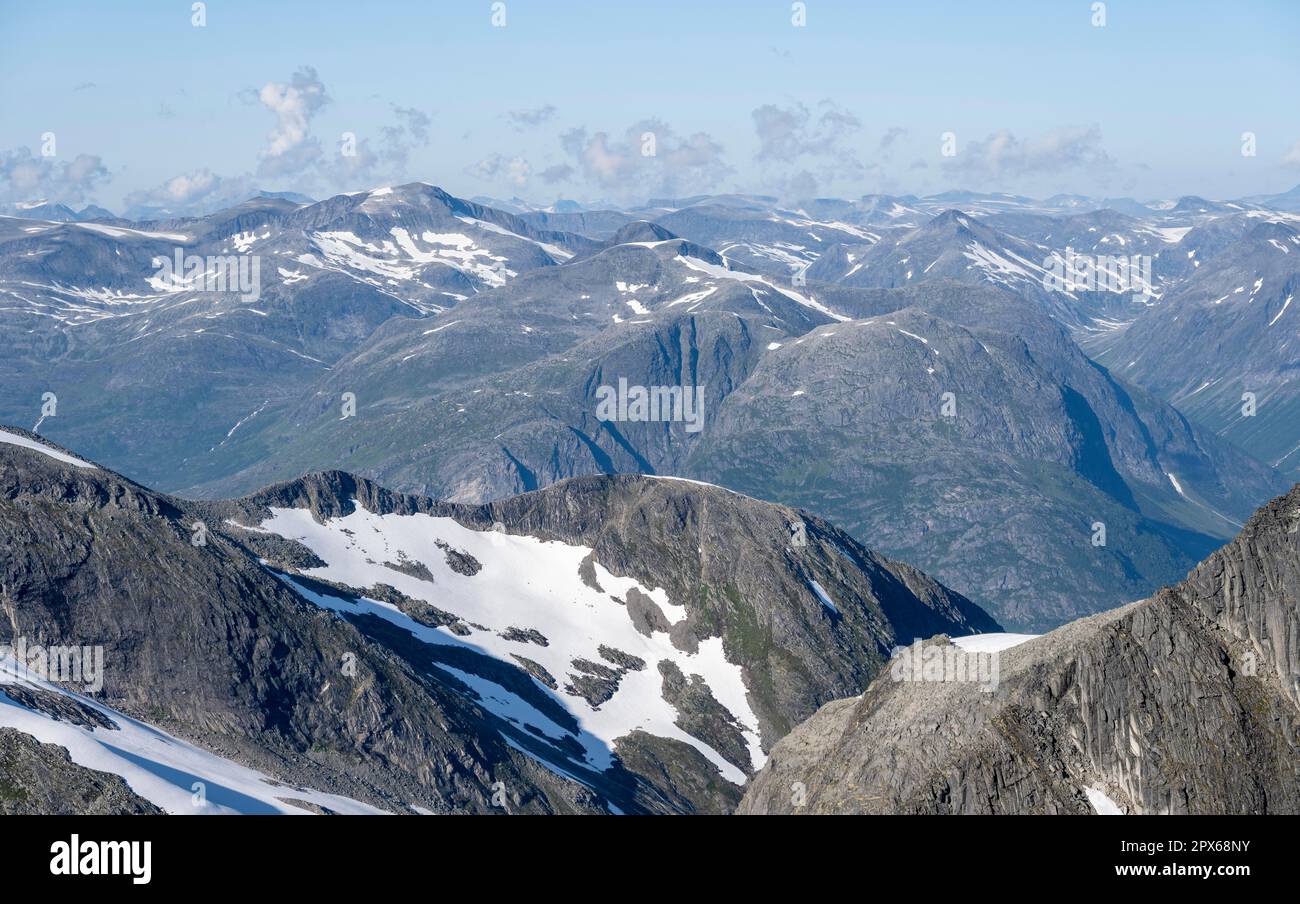 View of rocky mountains with remnants of snow, summit of Skala, Loen ...