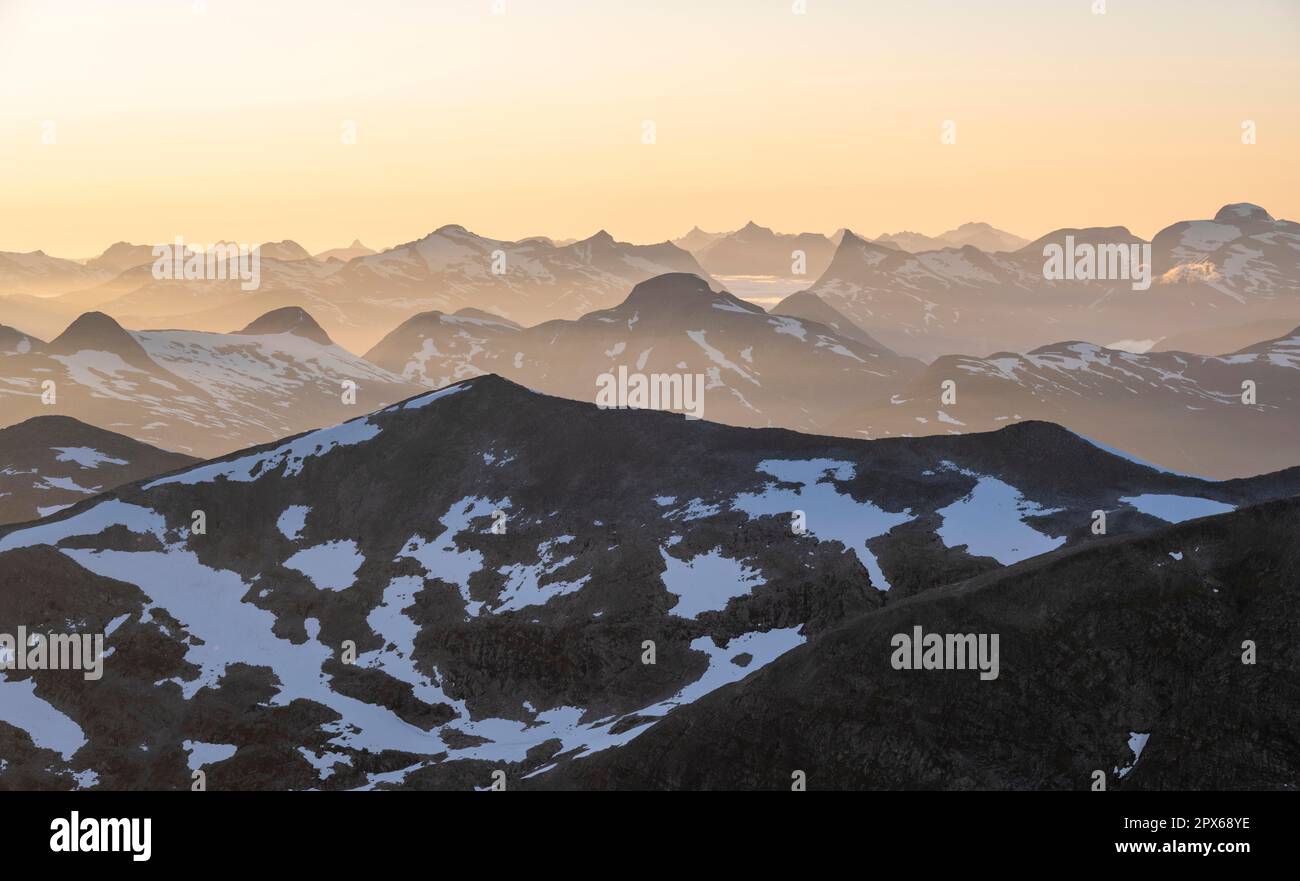 Mountain panorama with remnants of snow from the summit of Skala, at ...