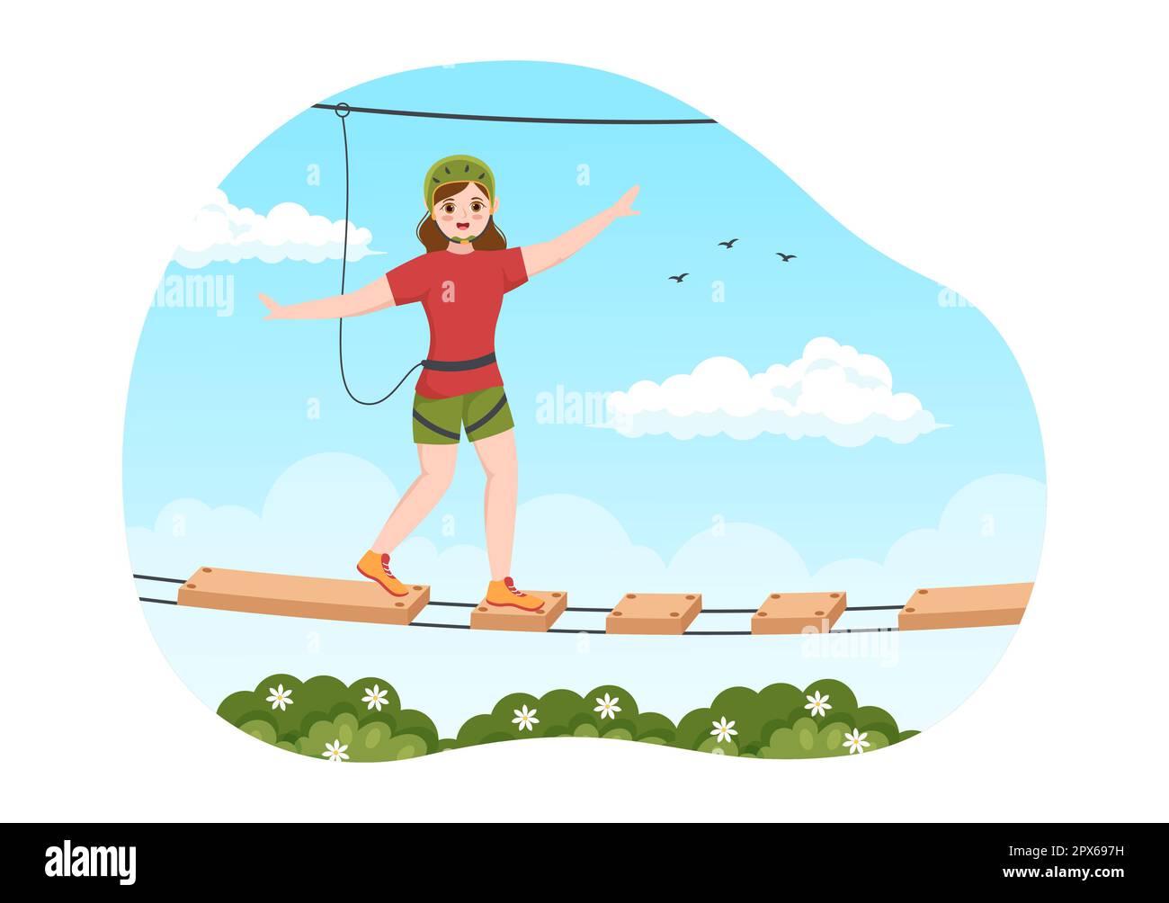 Zip Line Illustration with Visitors Walking on an Obstacle Course and ...