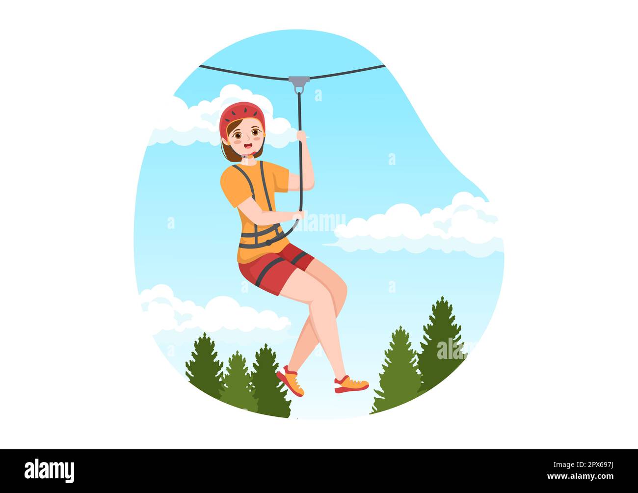 Zip Line Illustration with Visitors Walking on an Obstacle Course and ...