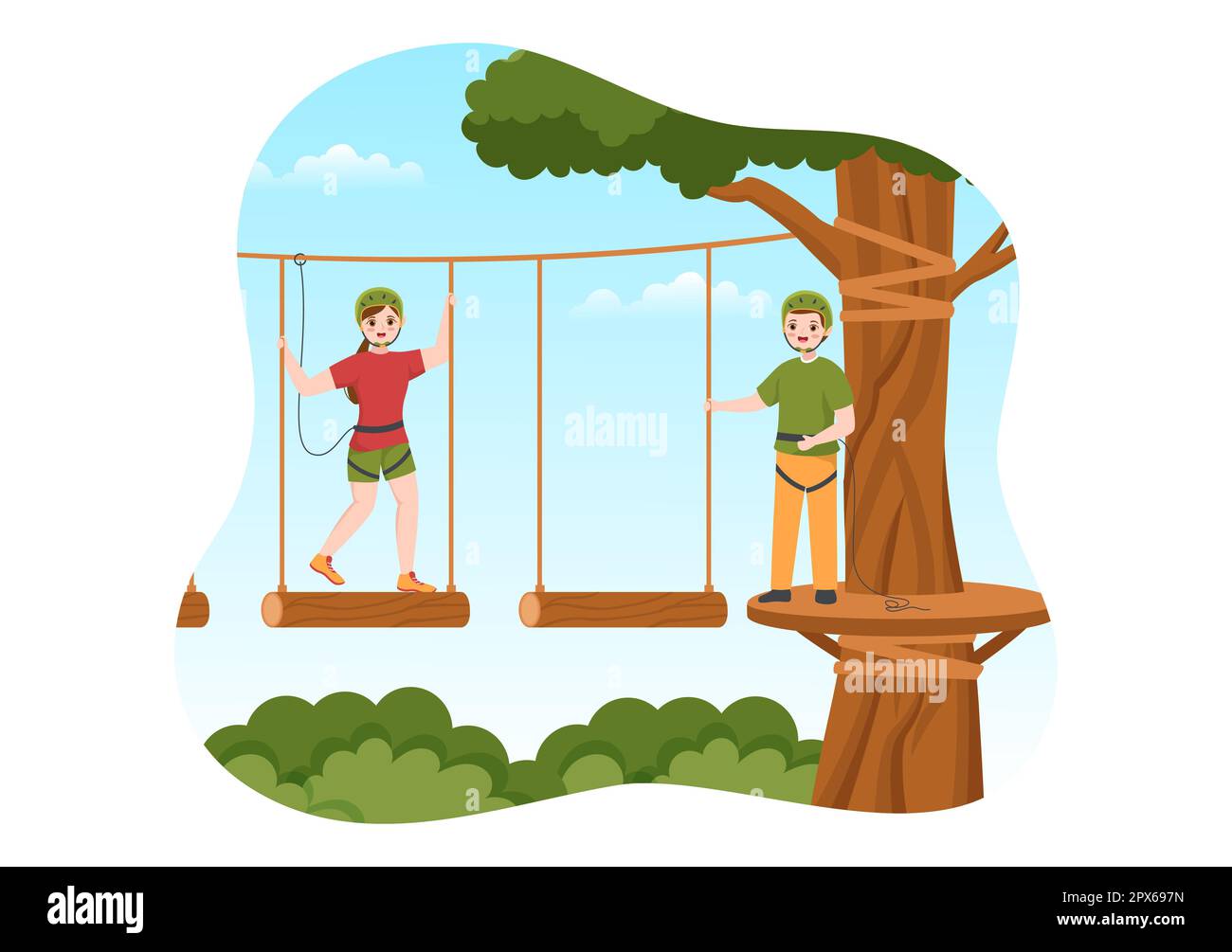 Zip Line Illustration with Visitors Walking on an Obstacle Course and ...