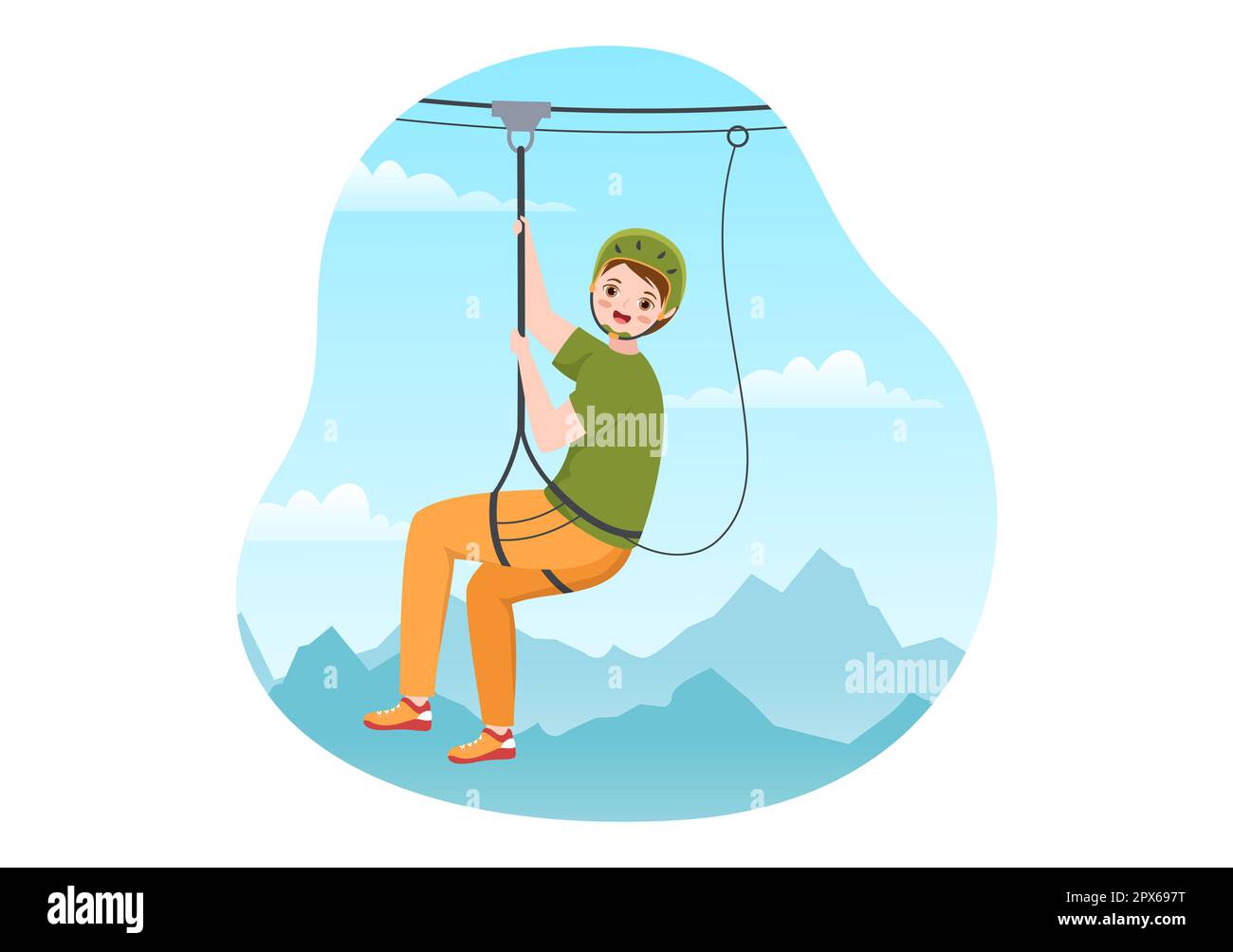 Zip Line Illustration with Visitors Walking on an Obstacle Course and ...