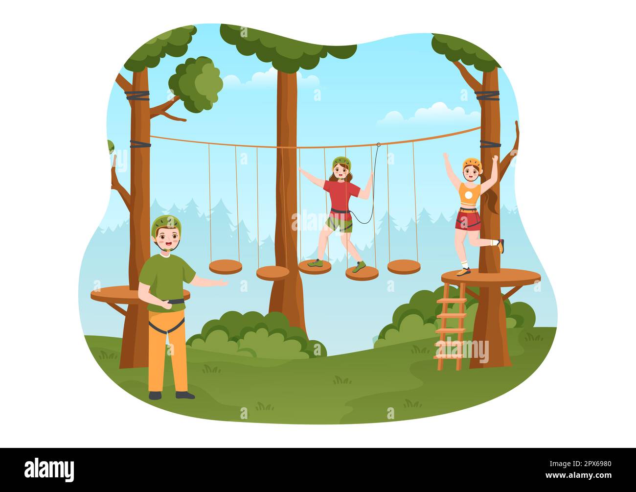 Zip Line Illustration with Visitors Walking on an Obstacle Course and ...