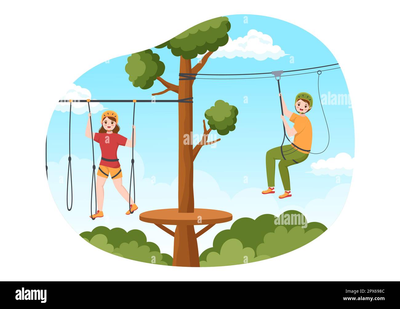 Zip Line Illustration with Visitors Walking on an Obstacle Course and ...